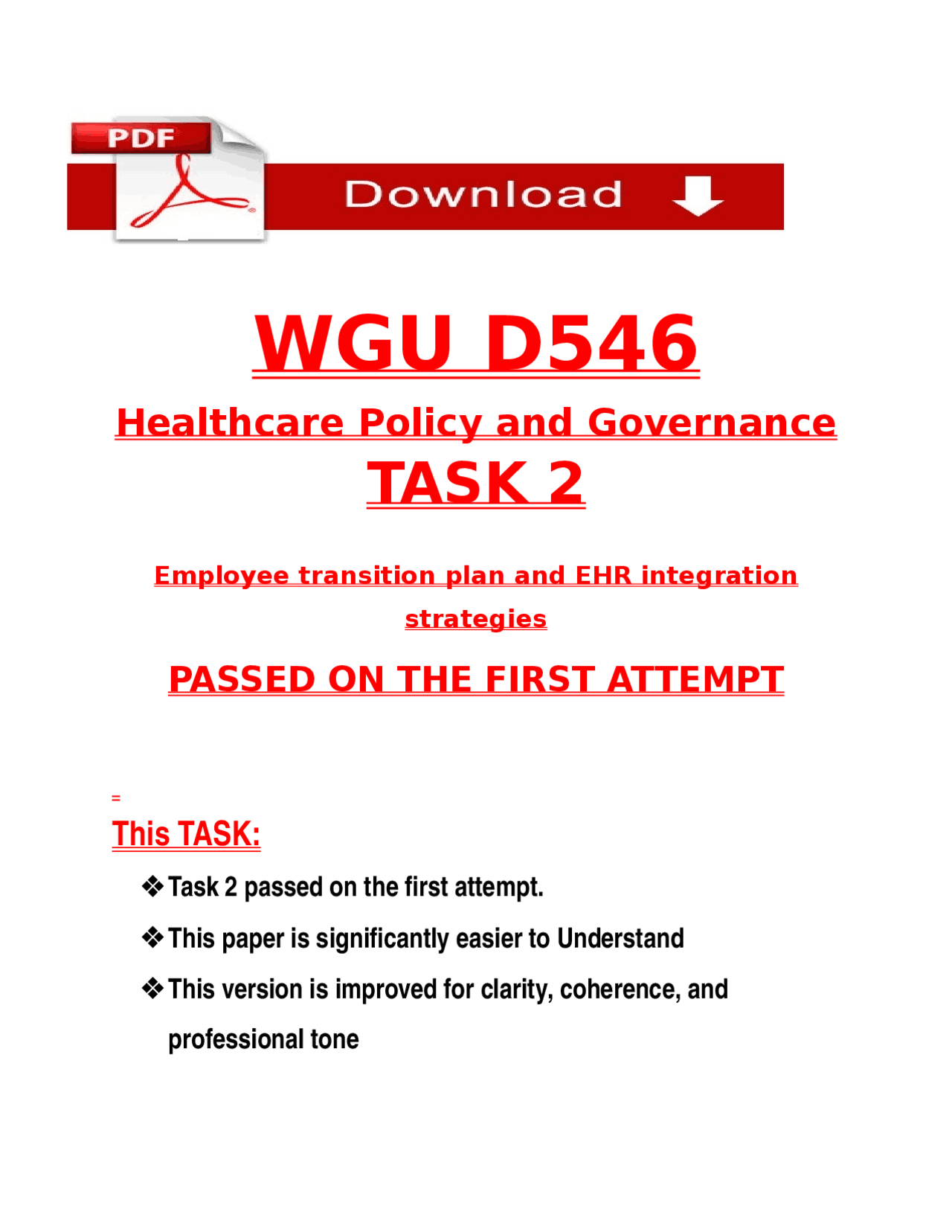 Wgu D546 Healthcare Policy Governance Task 2 Employee Transition