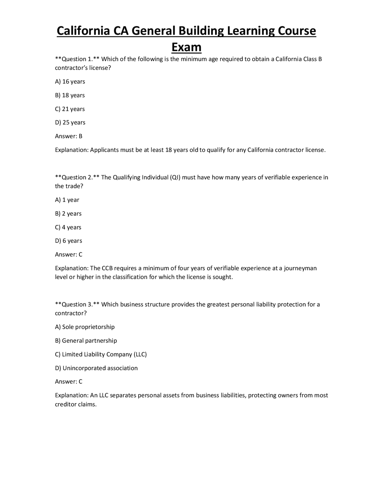 California Contractor License Exam Questions and Answers | Exams ...