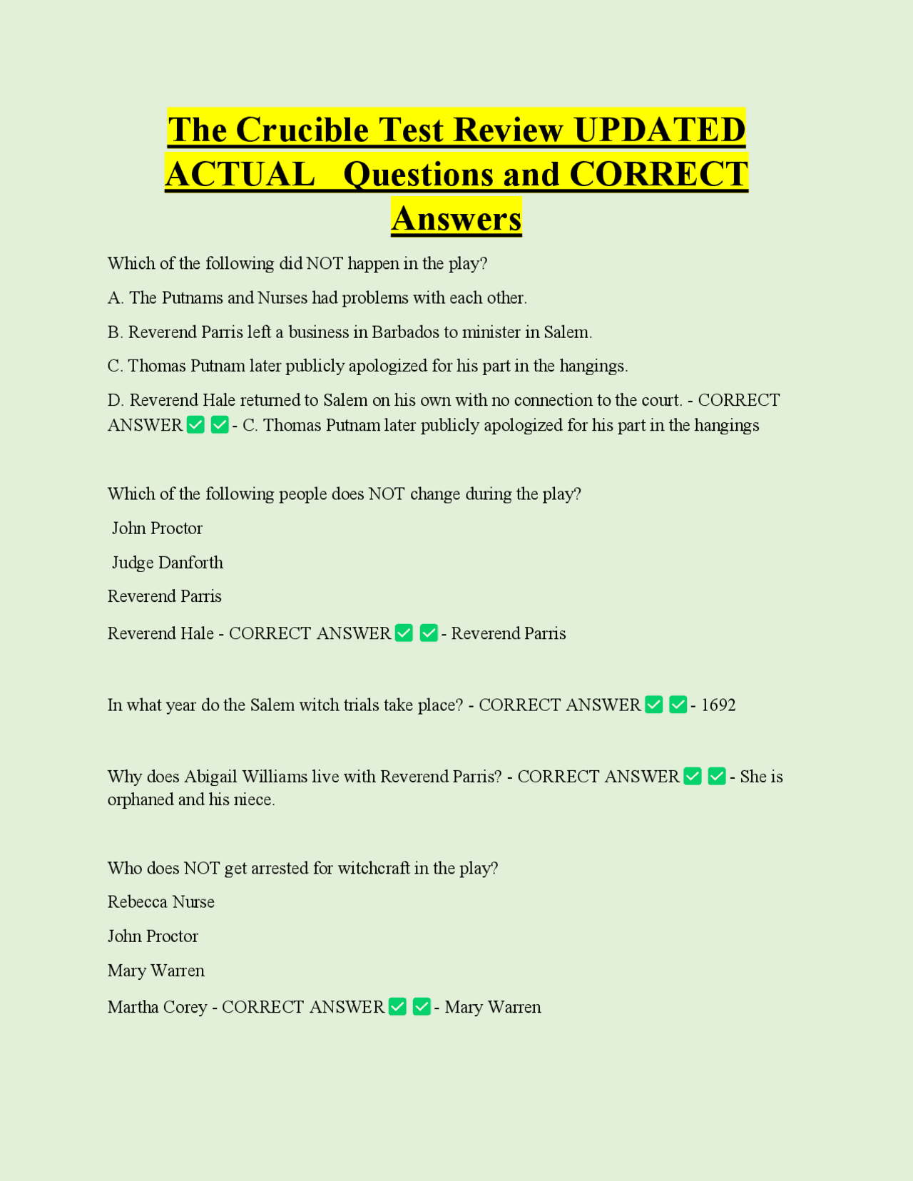 The Crucible Test Review: Questions and Answers | Exams Medicine | Docsity