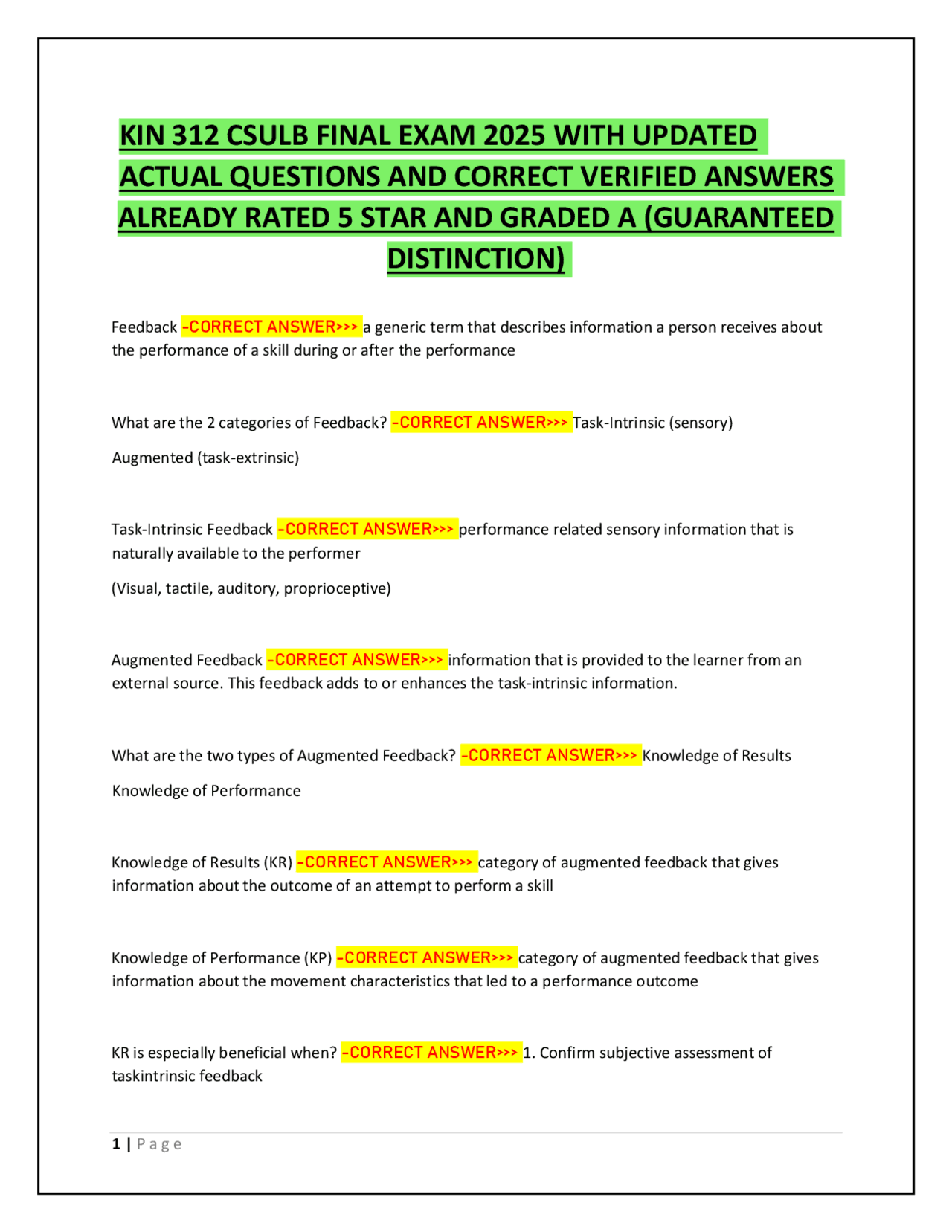 KIN 312 CSULB Final Exam Questions and Answers | Exams Nursing | Docsity
