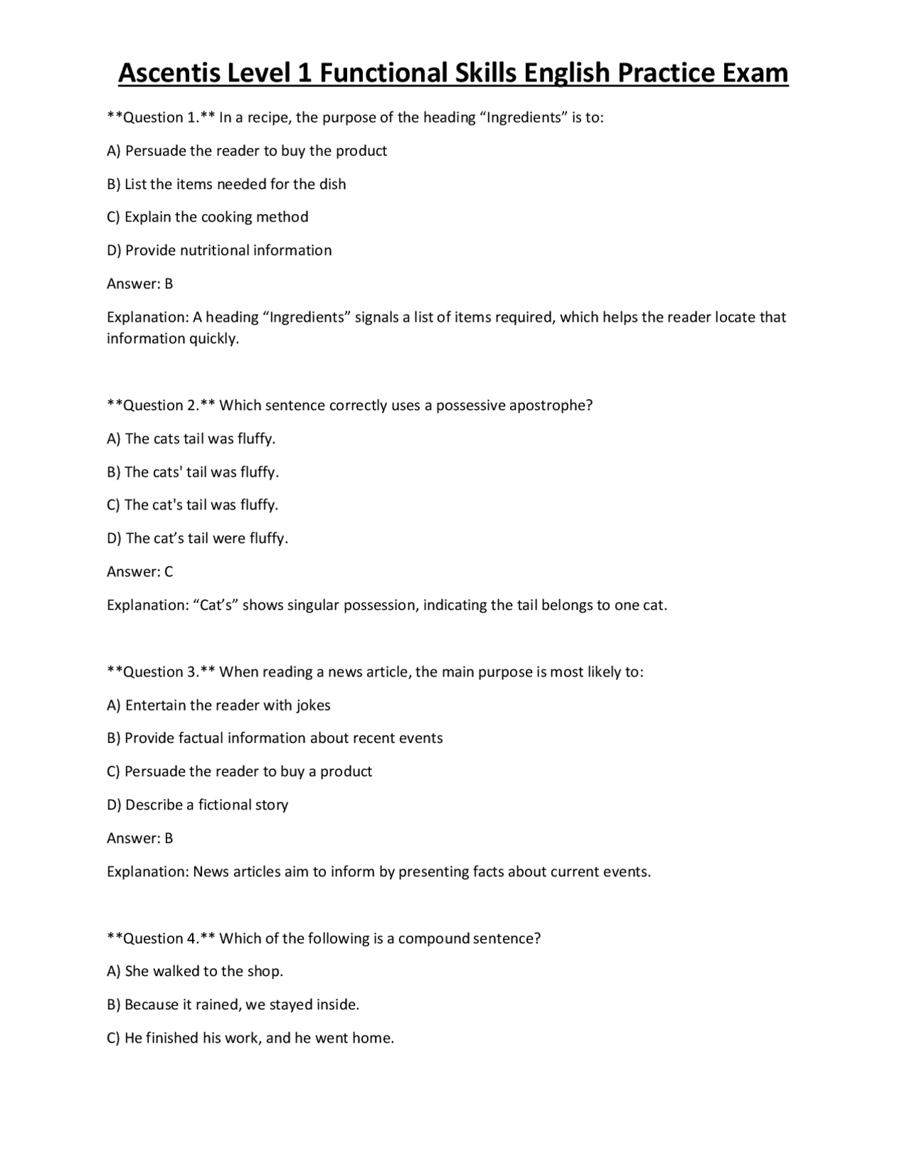 Functional Skills English Level 1 Practice Exam Questions | Exams ...