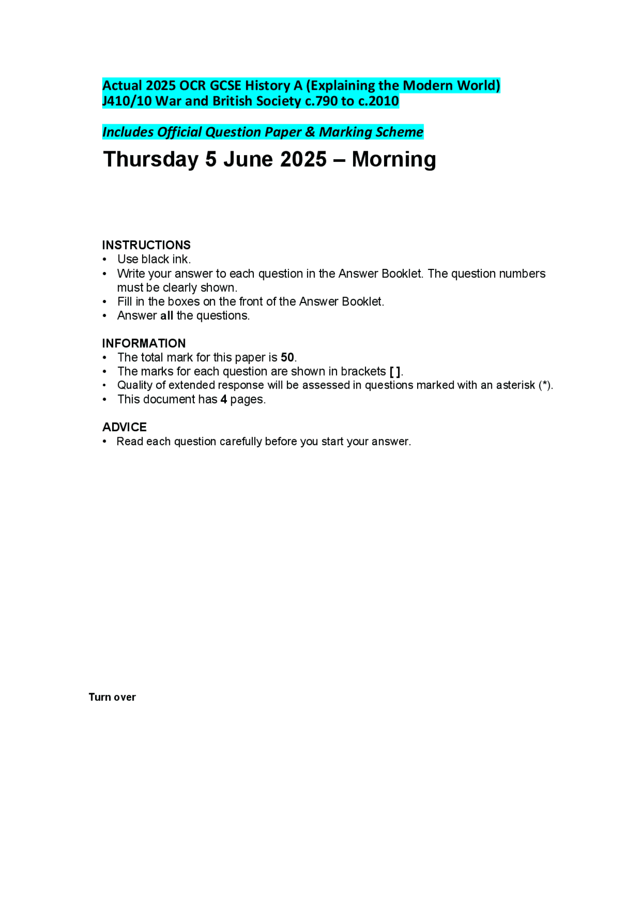 Actual 2025 OCR GCSE History A (Explaining the Modern World) J410/10 War and British Soci ...
