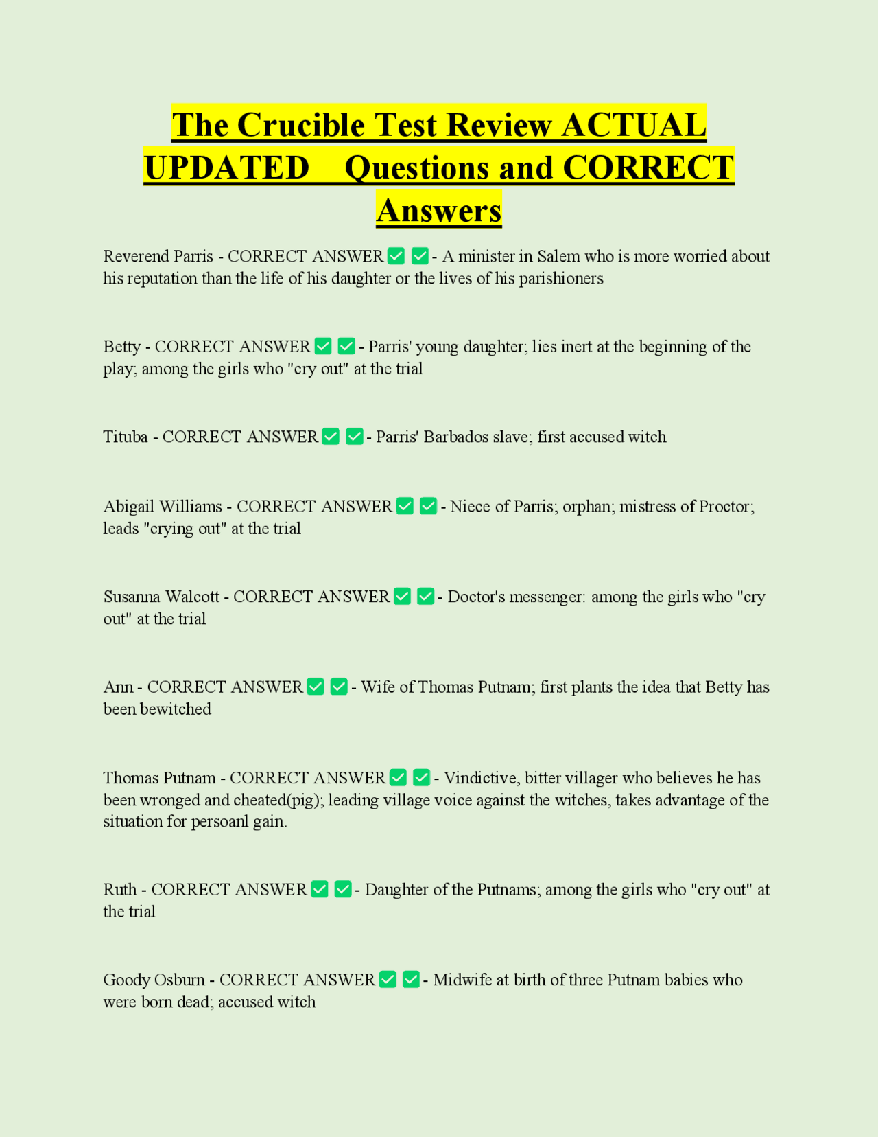 The Crucible Test Review: Questions and Answers | Exams Medicine | Docsity