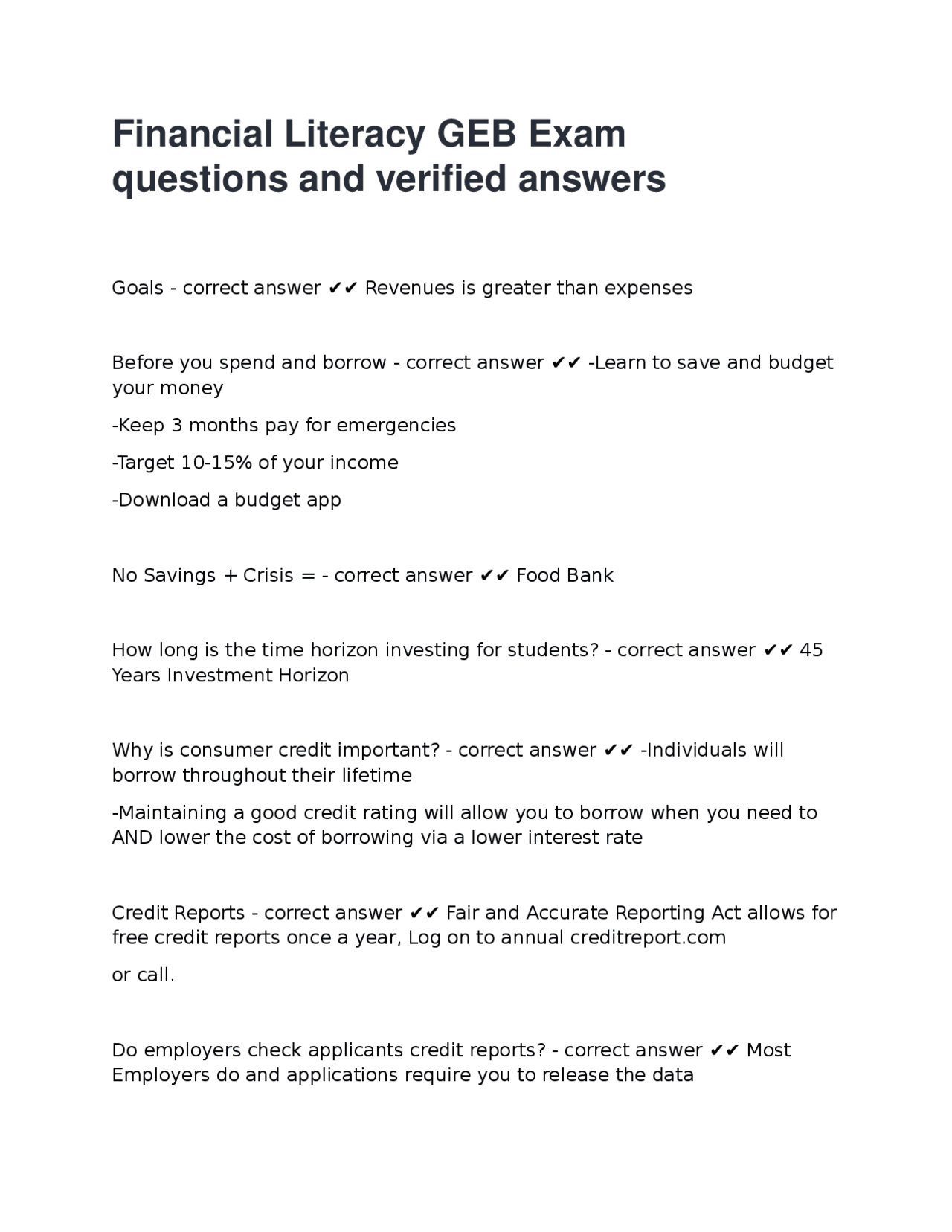 Financial Literacy Exam Questions and Answers | Exams Nursing | Docsity