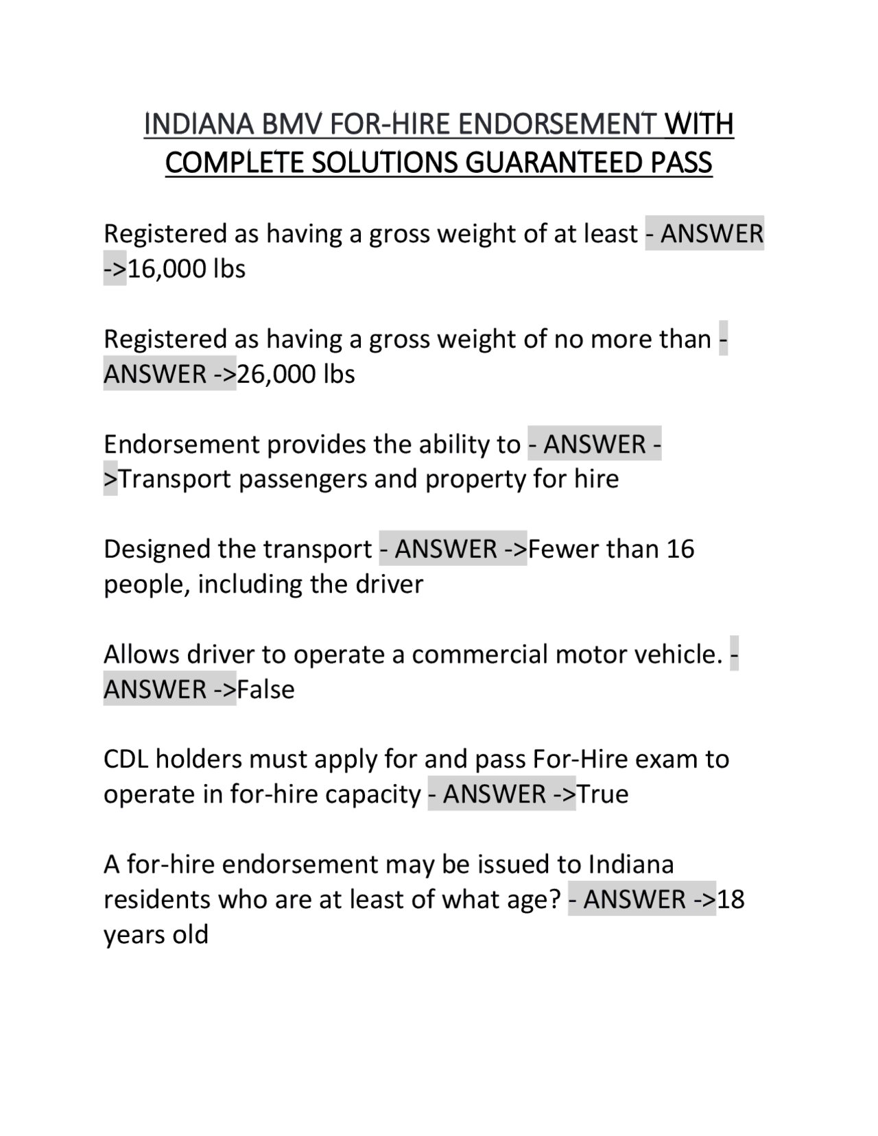INDIANA BMV FOR-HIRE ENDORSEMENT WITH COMPLETE SOLUTIONS GUARANTEED ...