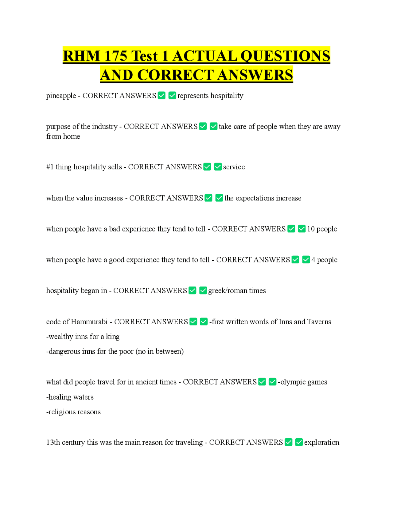 RHM 175 Test 1 ACTUAL QUESTIONS AND CORRECT ANSWERS | Exams Medicine ...