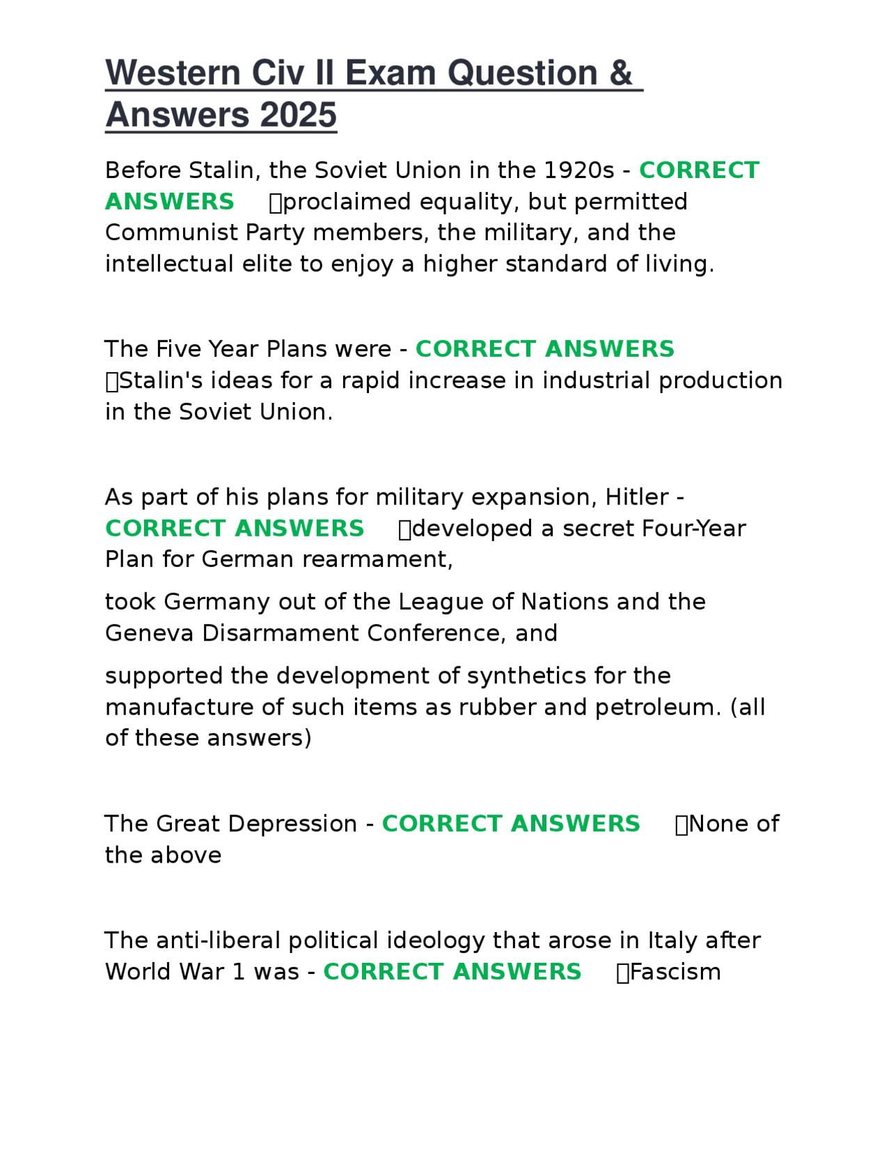 Western Civilization II Exam Questions and Answers | Exams Nursing ...