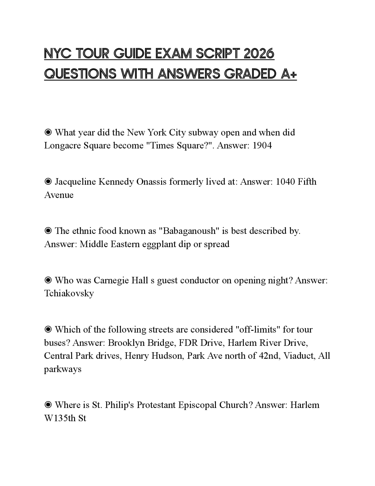 NYC TOUR GUIDE EXAM SCRIPT 2026 QUESTIONS WITH ANSWERS GRADED A+ ...