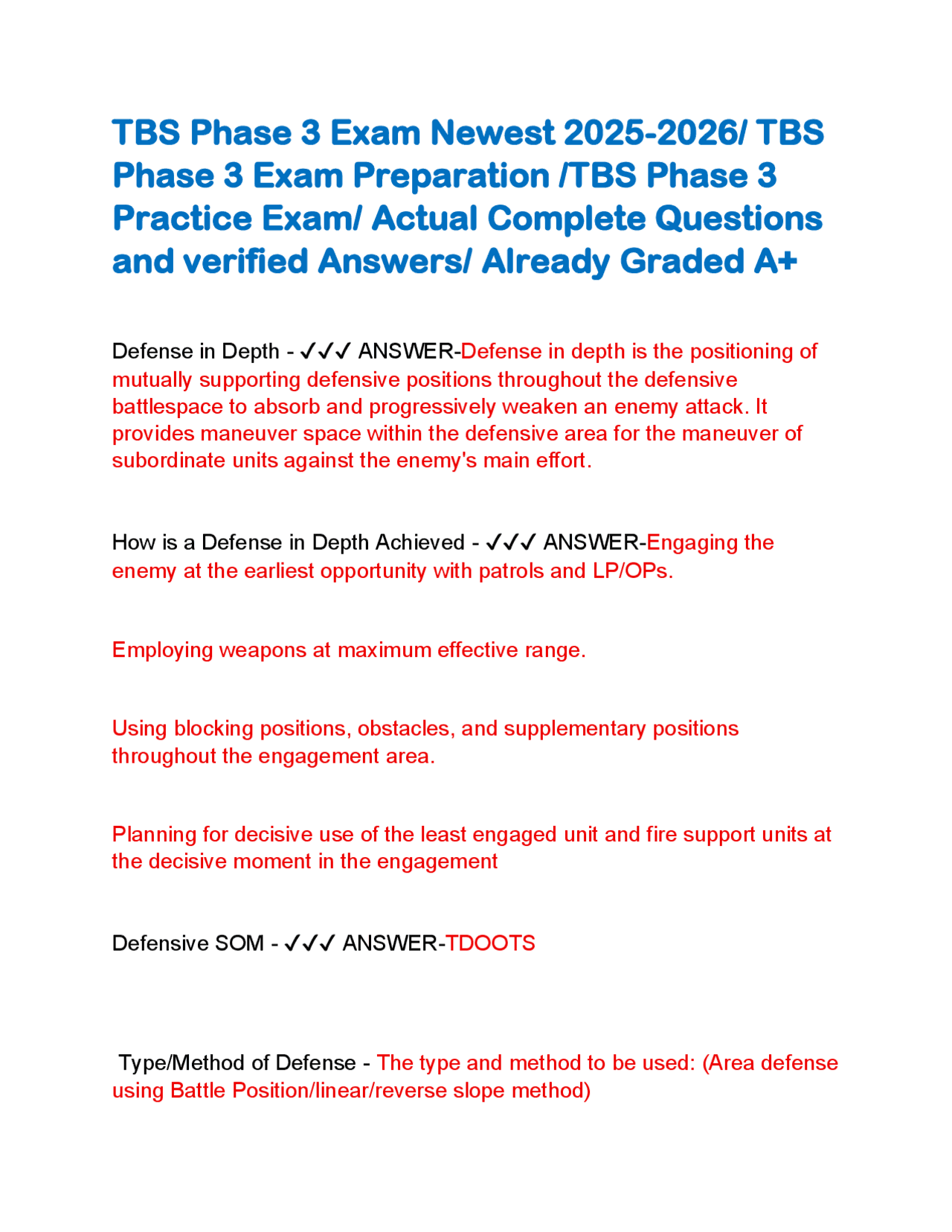 TBS Phase 3 Exam: Defense Strategies and Tactics Q&A | Exams Nursing ...