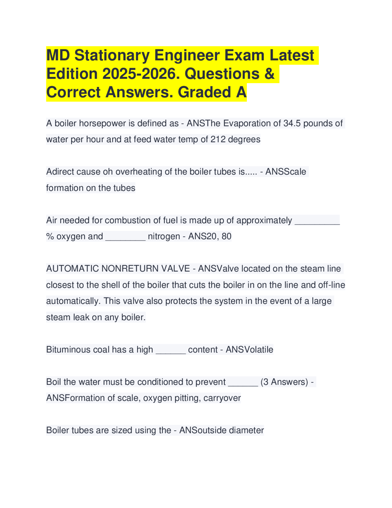 MD Stationary Engineer Exam Latest Edition 2025-2026. Questions ...