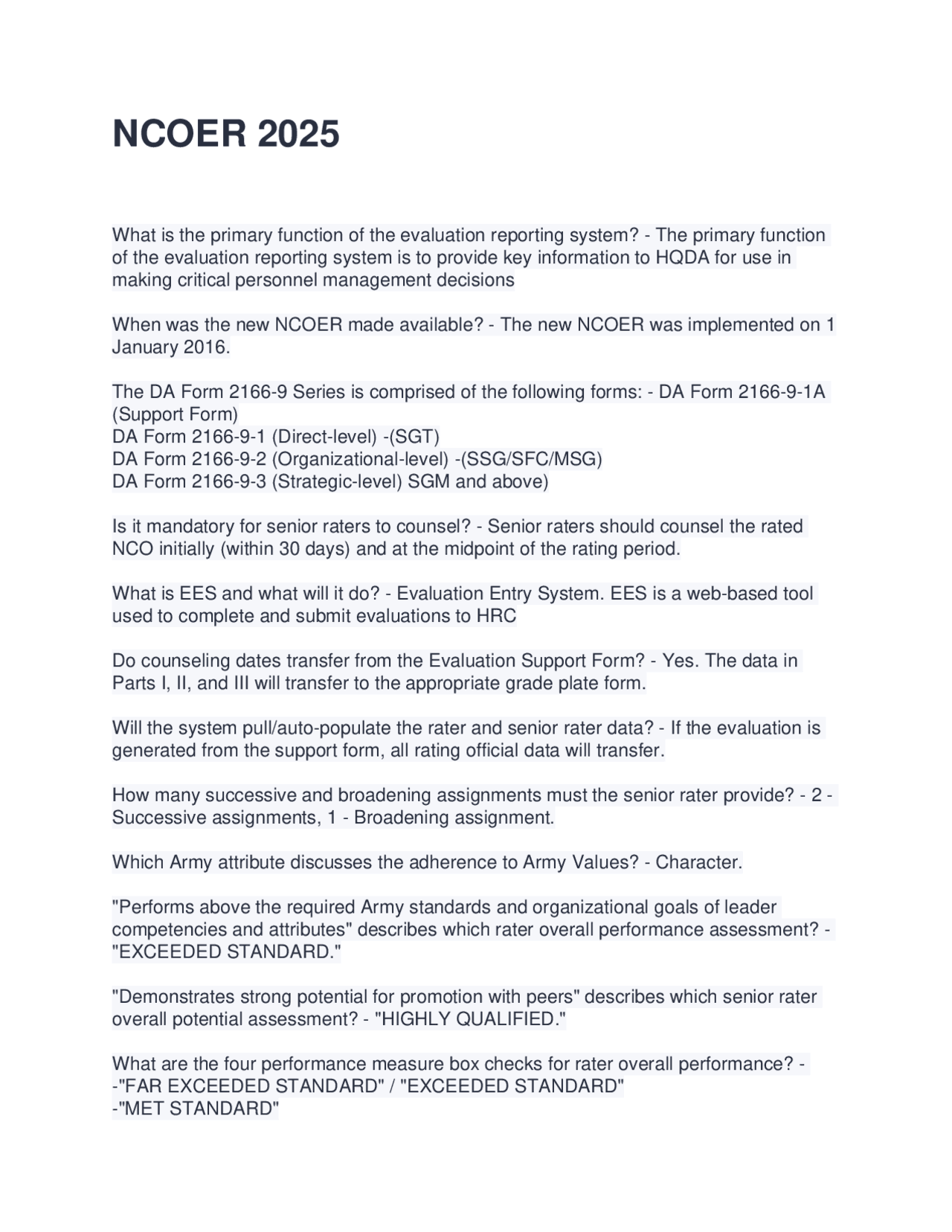 NCOER 2025: Key Questions and Answers for Army NCOs | Exams Advanced ...
