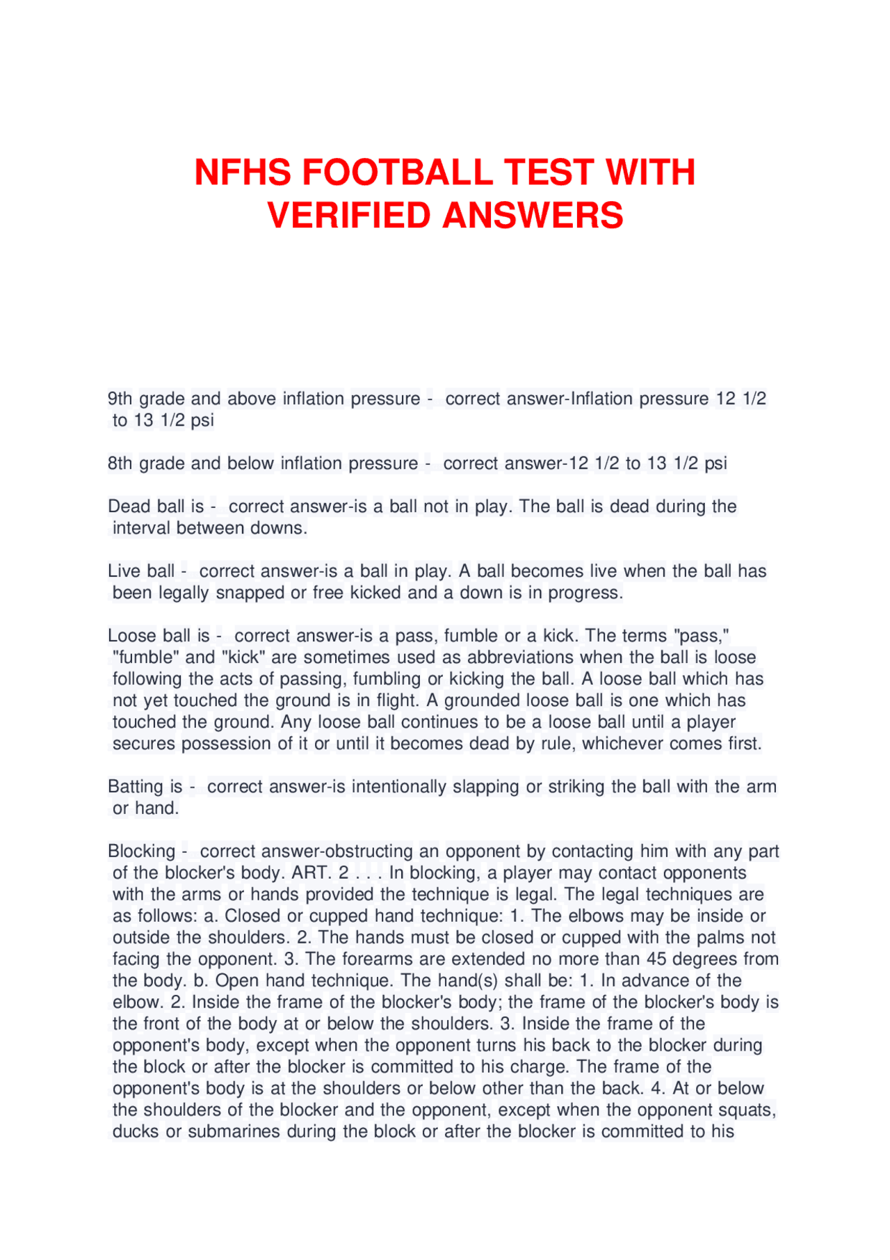 NFHS Football Rules Test with Verified Answers | Exams Physical ...