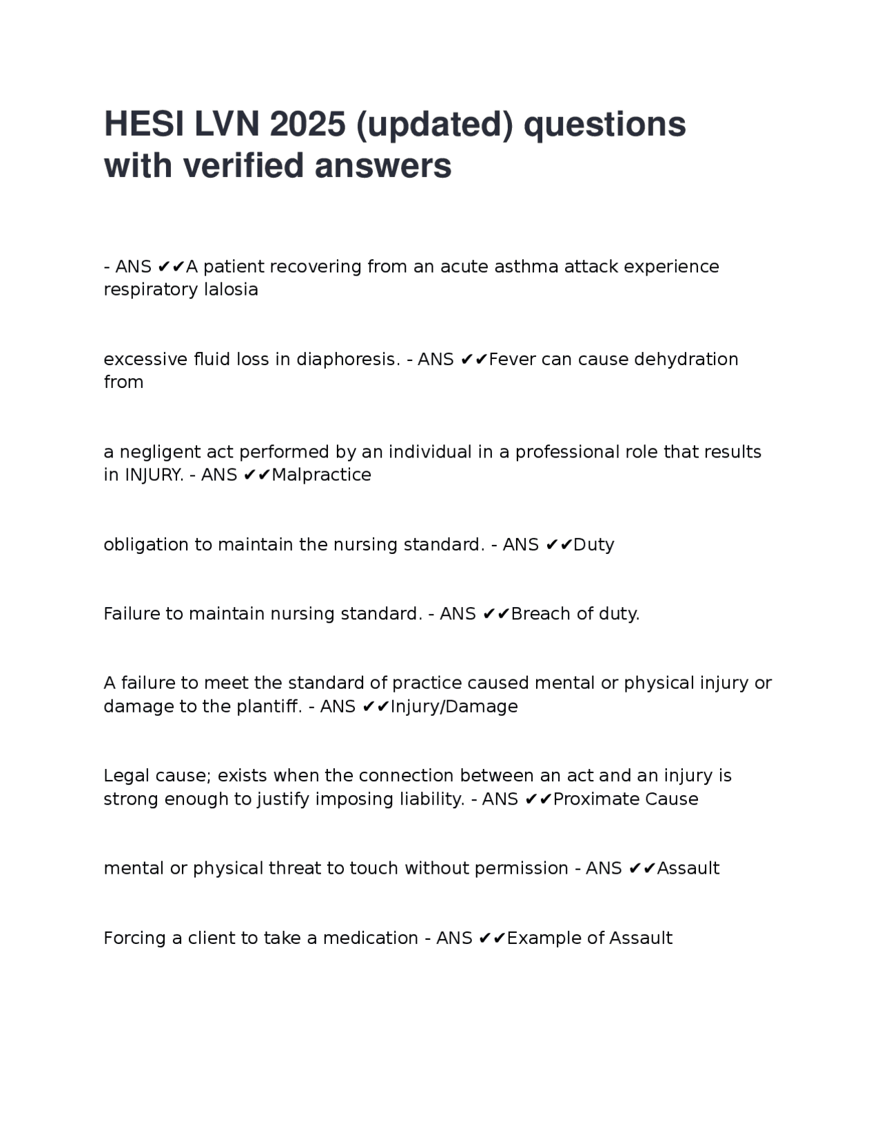 LVN Exam Questions and Answers 2025 | Exams Nursing | Docsity