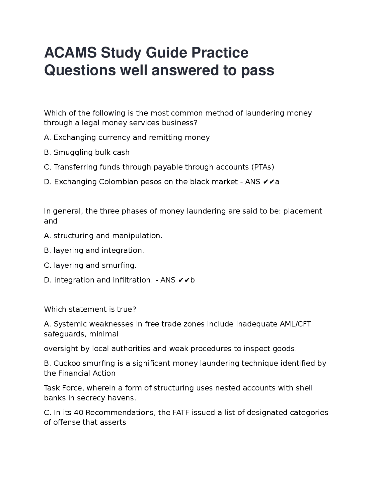 ACAMS Study Guide: Practice Questions and Answers | Exams Advanced ...