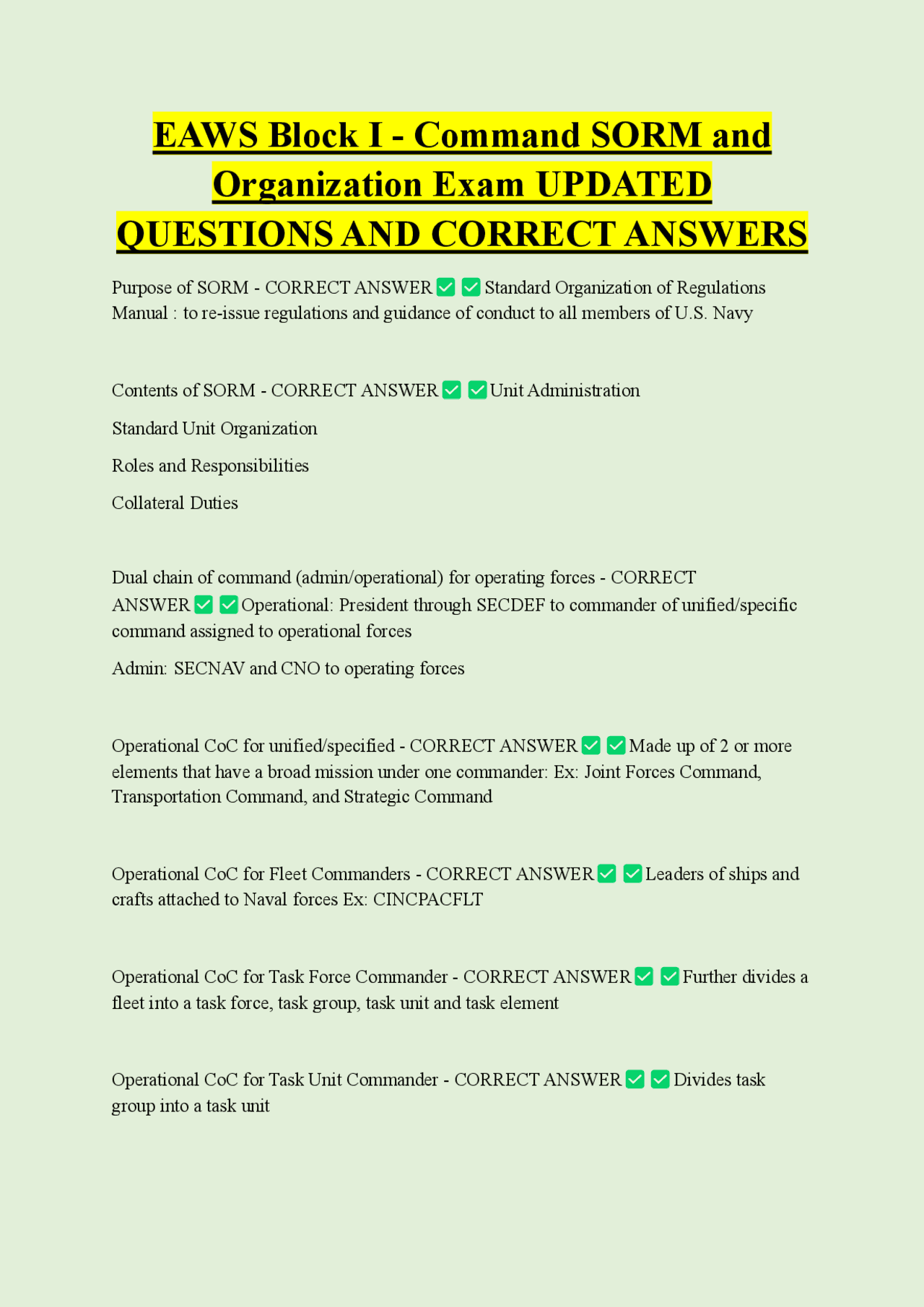 EAWS Block I - Command SORM and Organization Exam: Questions and ...
