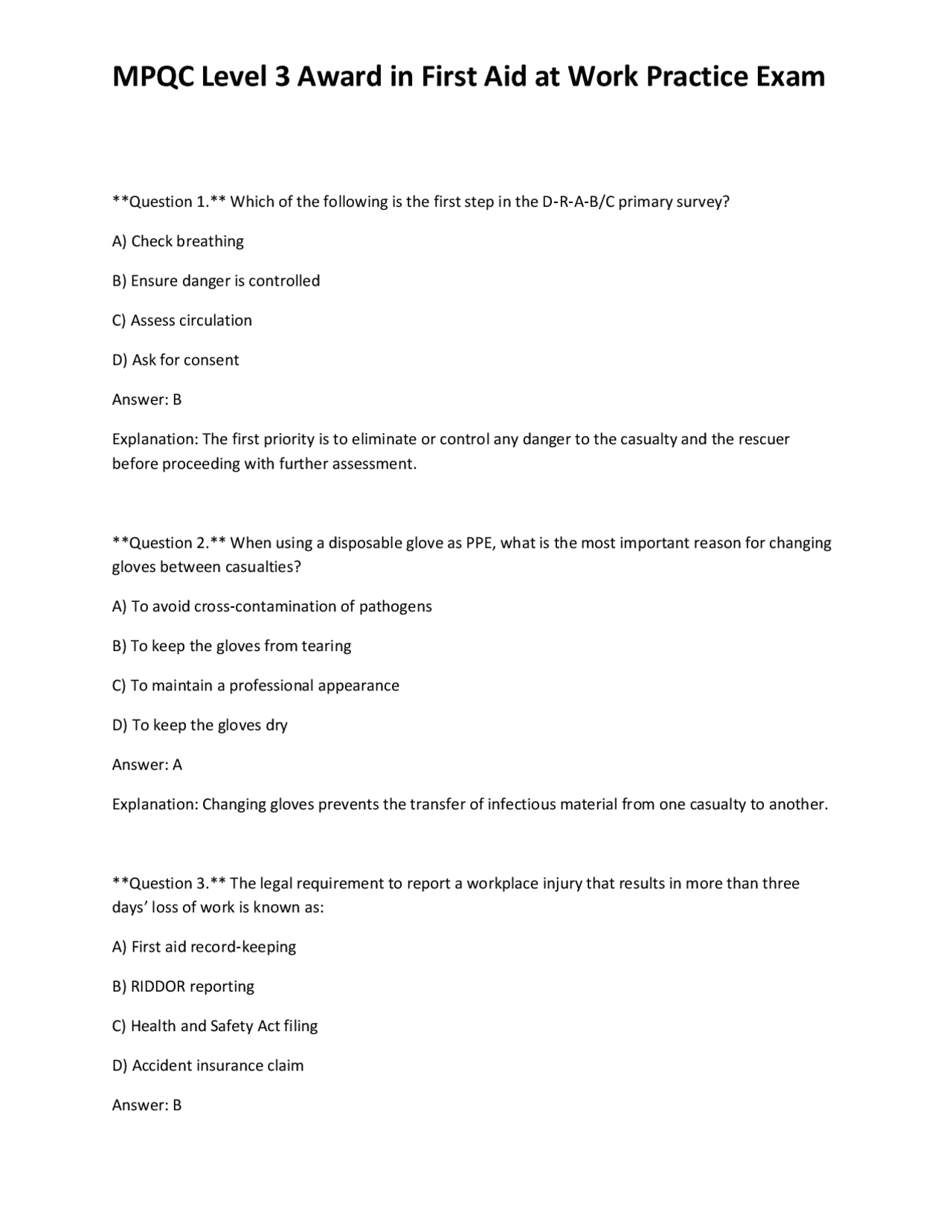 First Aid at Work Practice Exam: Level 3 Award | Exams Technology | Docsity