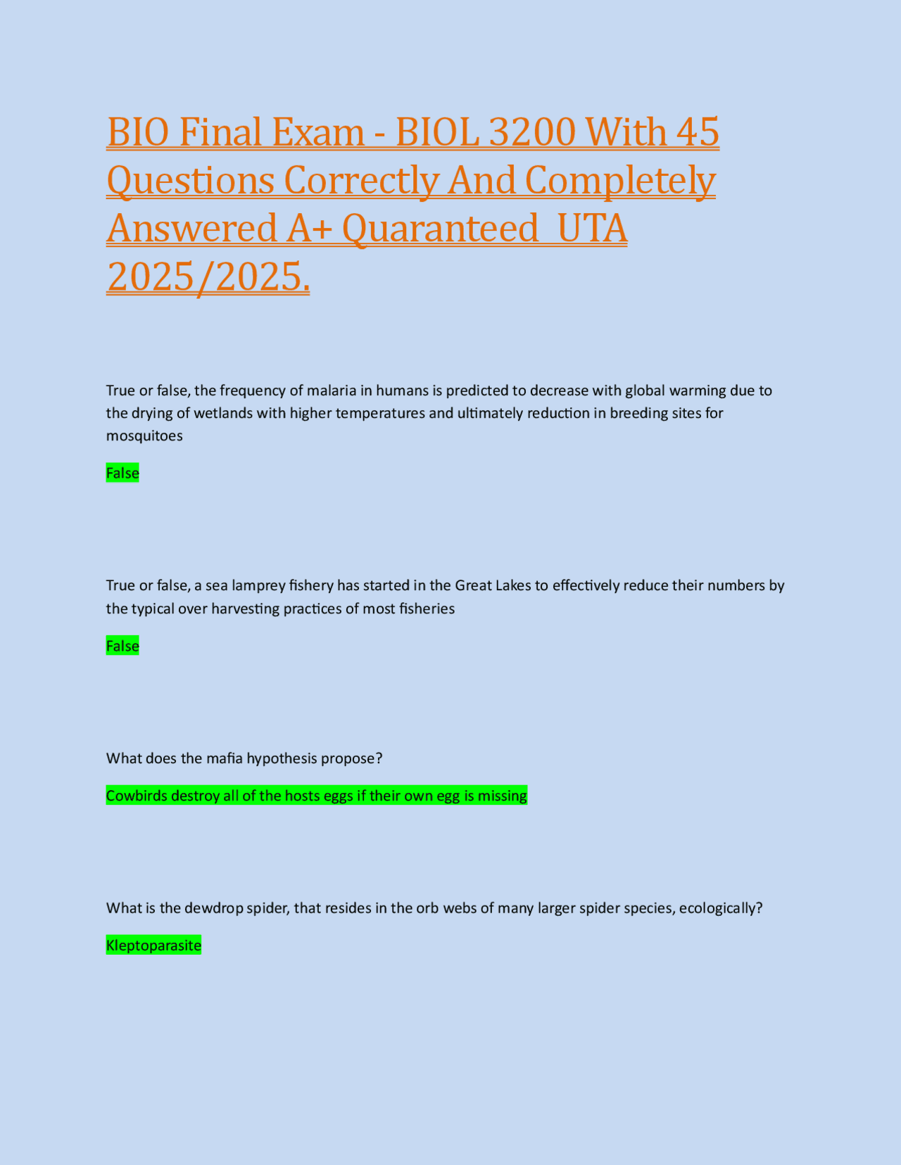 BIO Final Exam - BIOL 3200: Questions and Answers | Exams Biology | Docsity