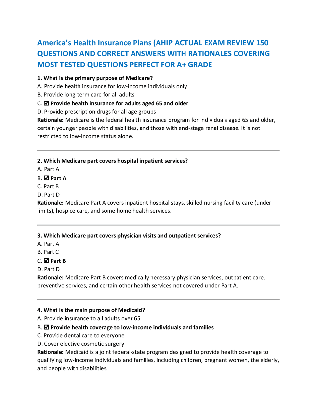 America’s Health Insurance Plans (AHIP ACTUAL EXAM REVIEW 150 QUESTIONS ...