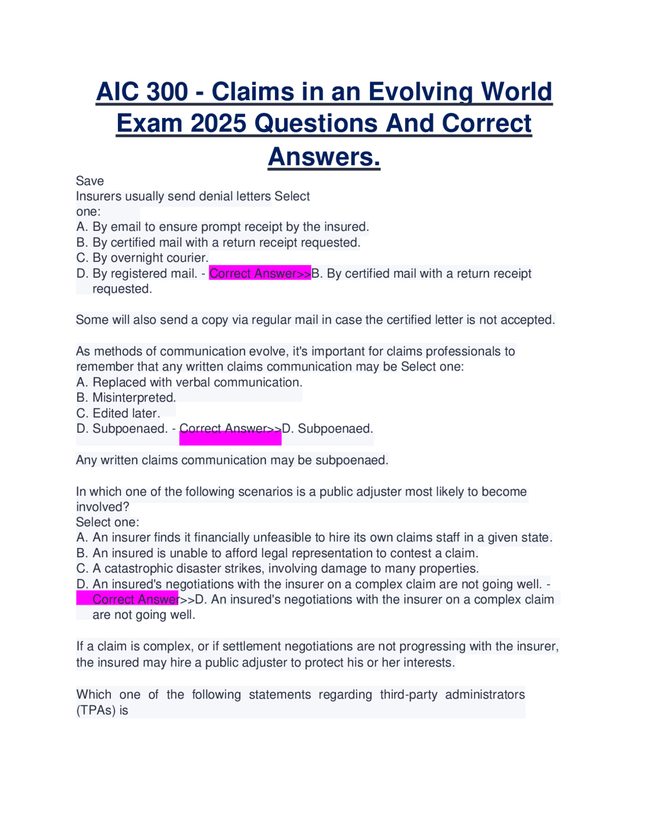 Insurance Claims Exam Questions and Answers: AIC 300 - Evolving World ...