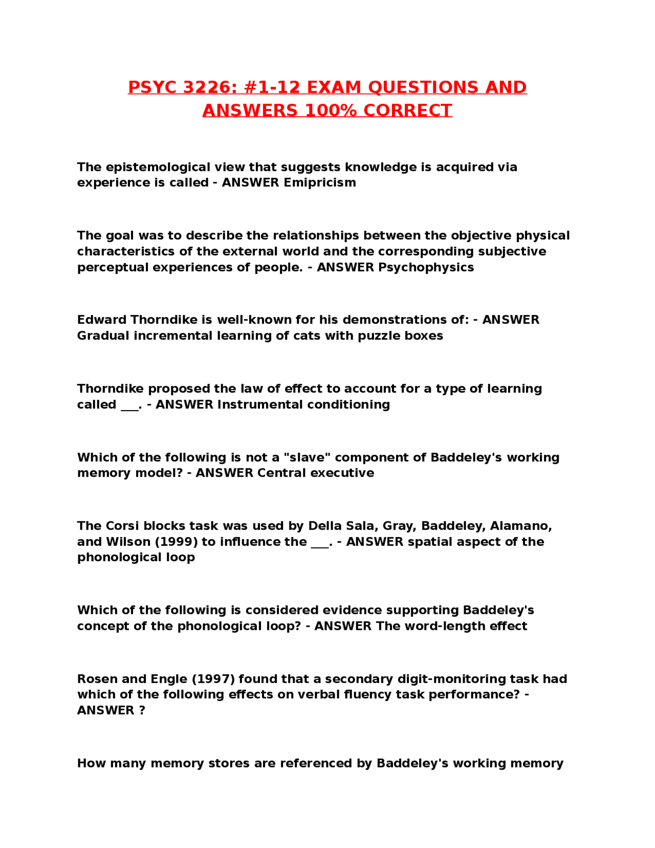 PSYC 3226- #1-12 EXAM QUESTIONS AND ANSWERS 100% CORRECT. | Exams ...