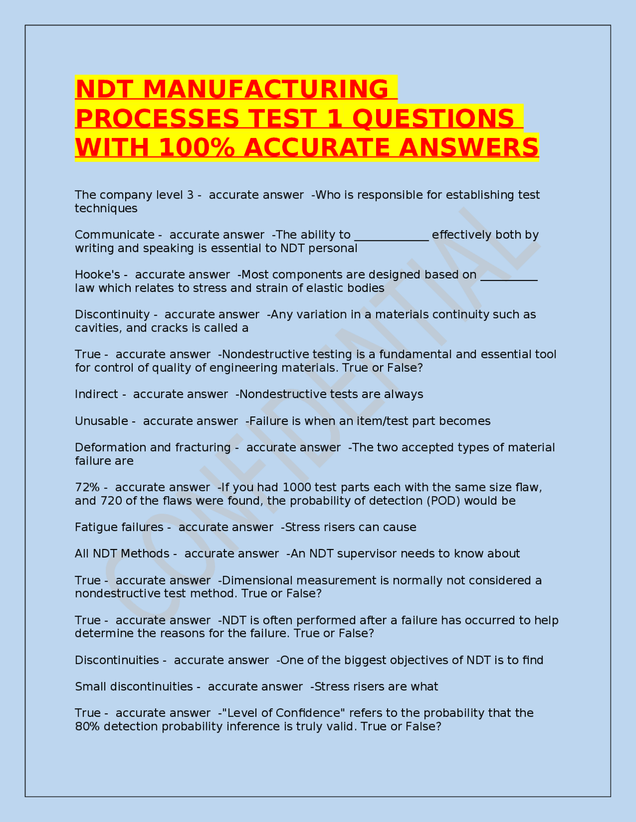 NDT MANUFACTURING PROCESSES TEST 1 QUESTIONS WITH 100% ACCURATE ANSWERS ...