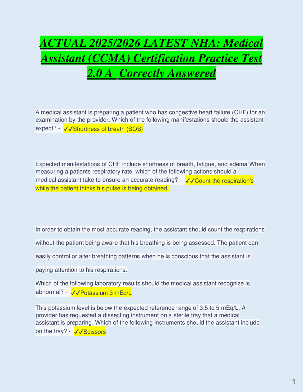 Medical Assistant (CCMA) Certification Practice Test 2025/2026 | Exams ...