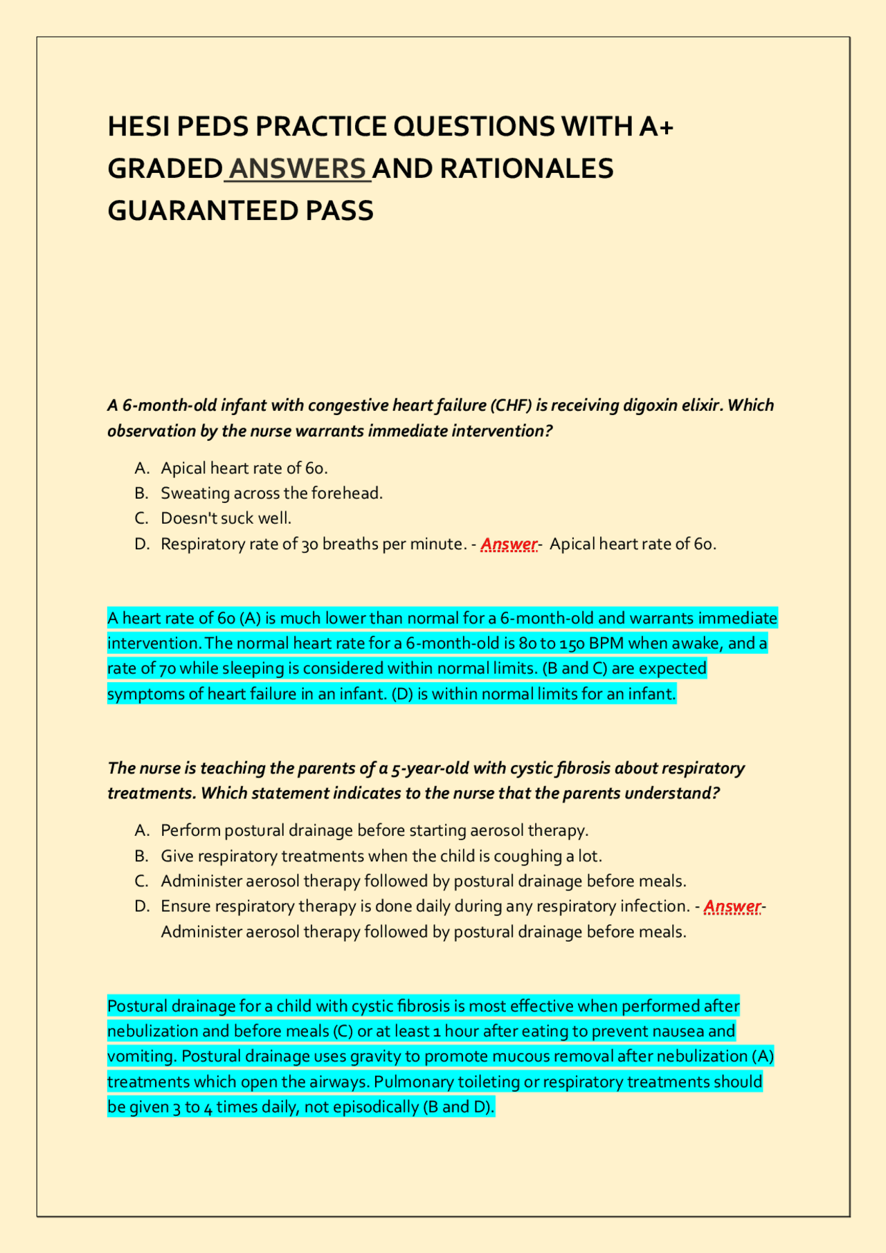 HESI PEDS PRACTICE QUESTIONS WITH A+ GRADED ANSWERS AND RATIONALES ...