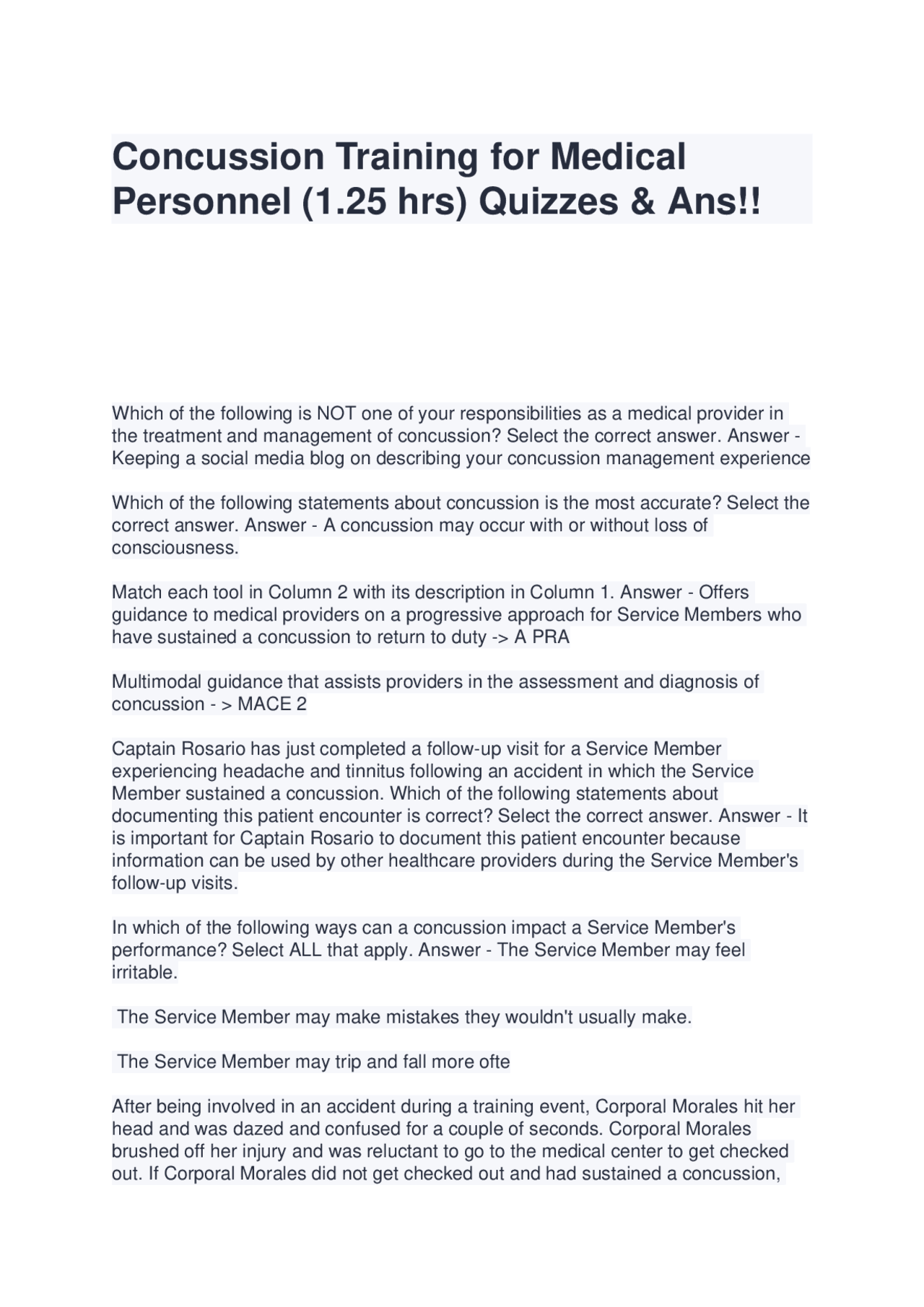 Concussion Training for Medical Personnel (1.25 hrs) Quizzes & Ans ...