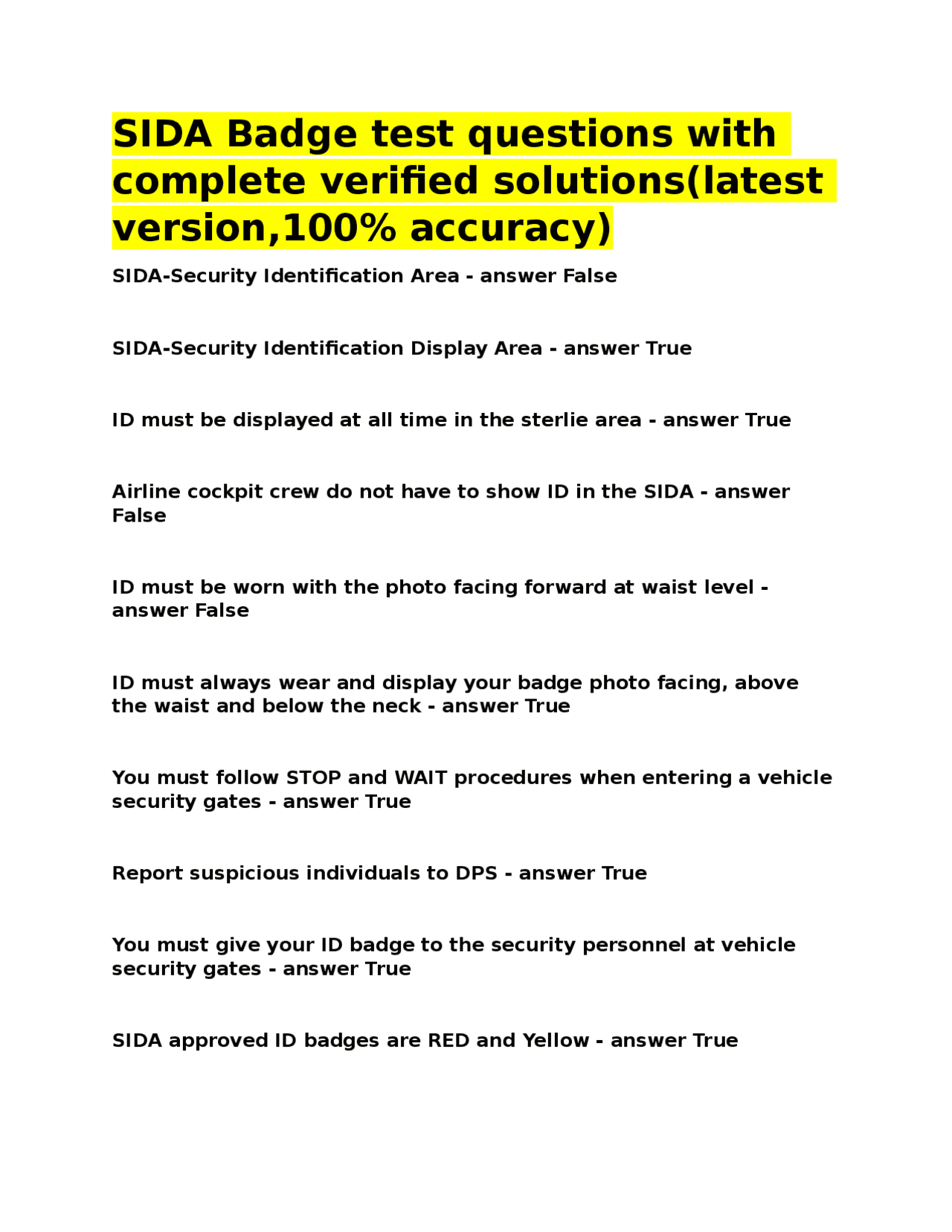 SIDA Badge test questions with complete verified solutions(latest ...