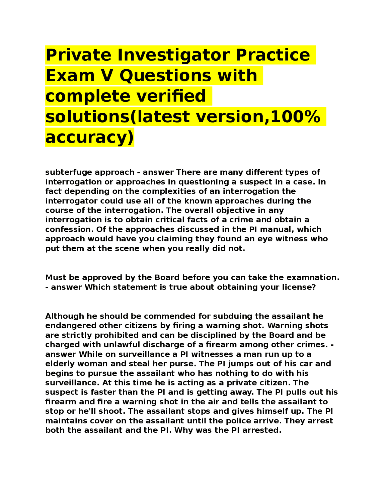 Private Investigator Practice Exam V Questions with complete verified ...