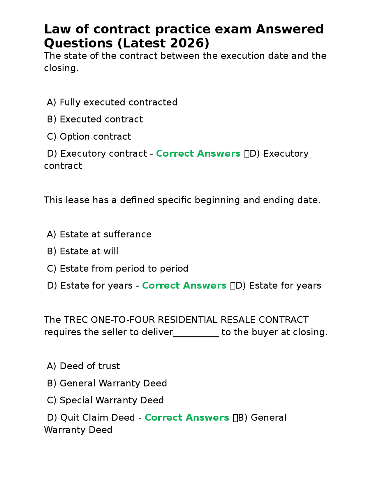 Law of Contract Practice Exam Questions and Answers (2026) | Exams ...