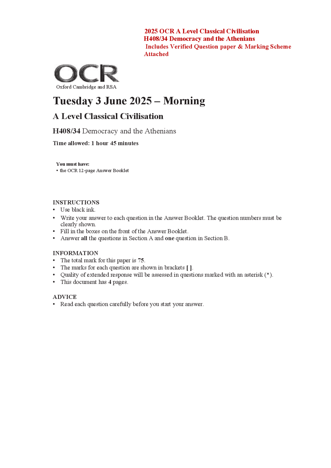 2025 OCR A Level Classical Civilisation H408/34 Democracy and the ...