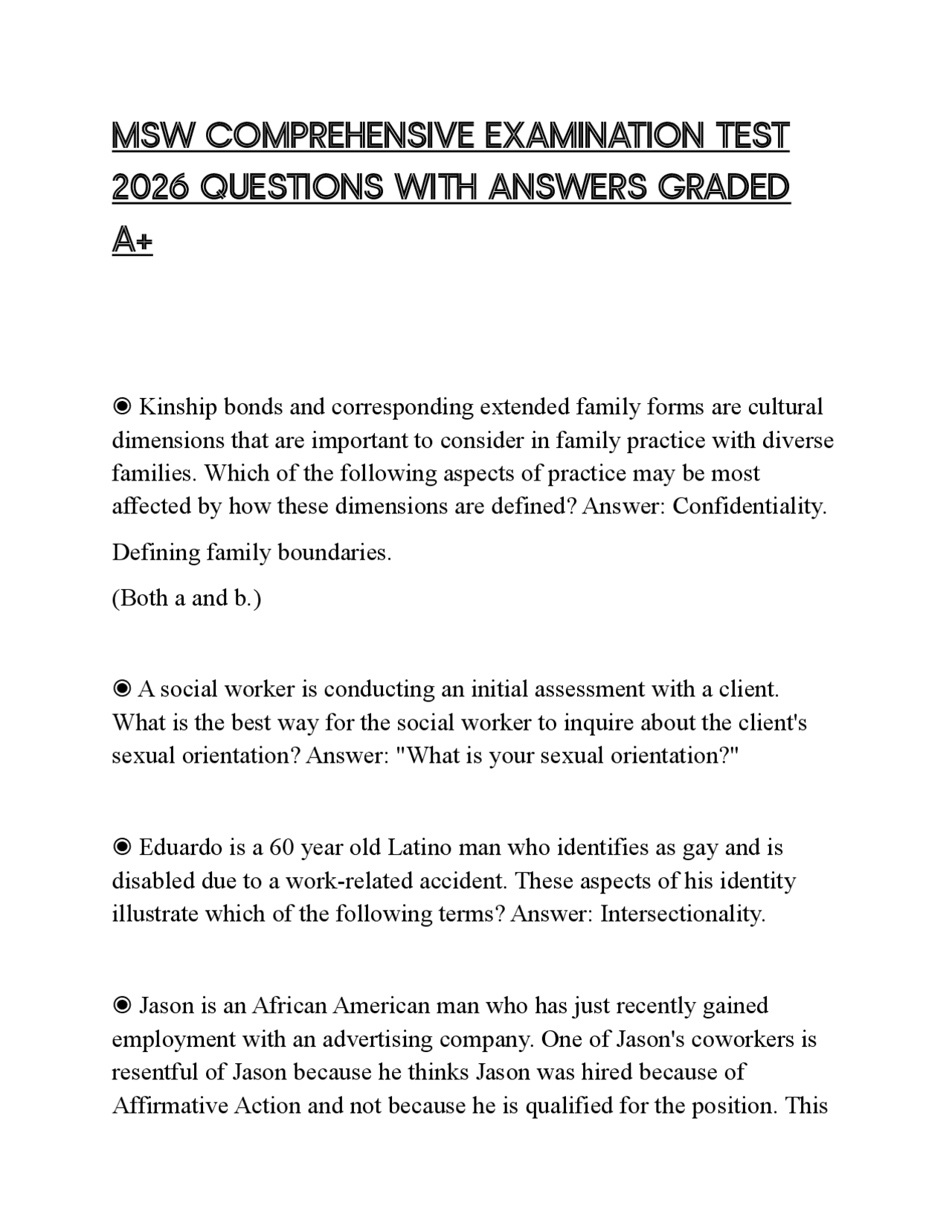 MSW COMPREHENSIVE EXAMINATION TEST 2026 QUESTIONS WITH ANSWERS GRADED ...