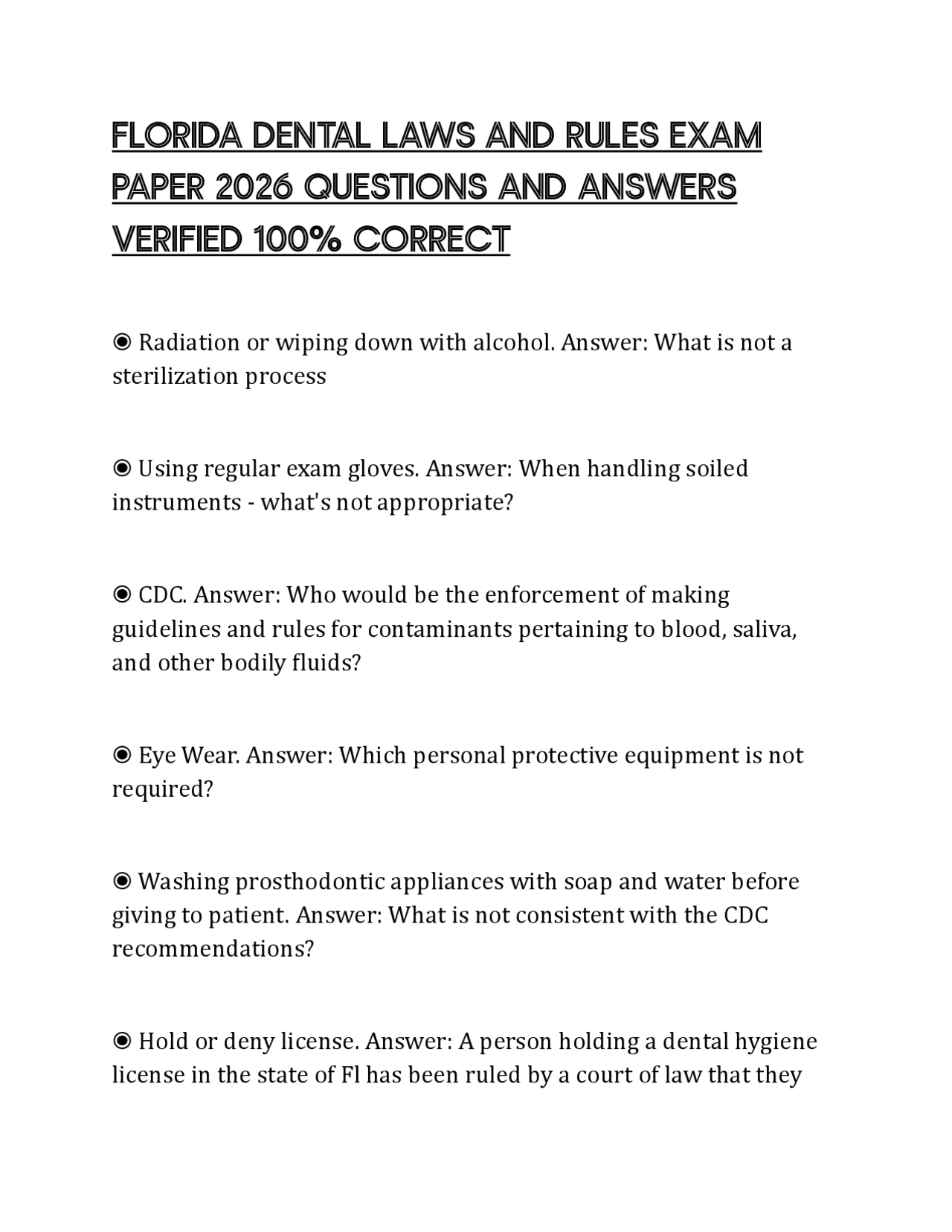 FLORIDA DENTAL LAWS AND RULES EXAM PAPER 2026 QUESTIONS AND ANSWERS ...