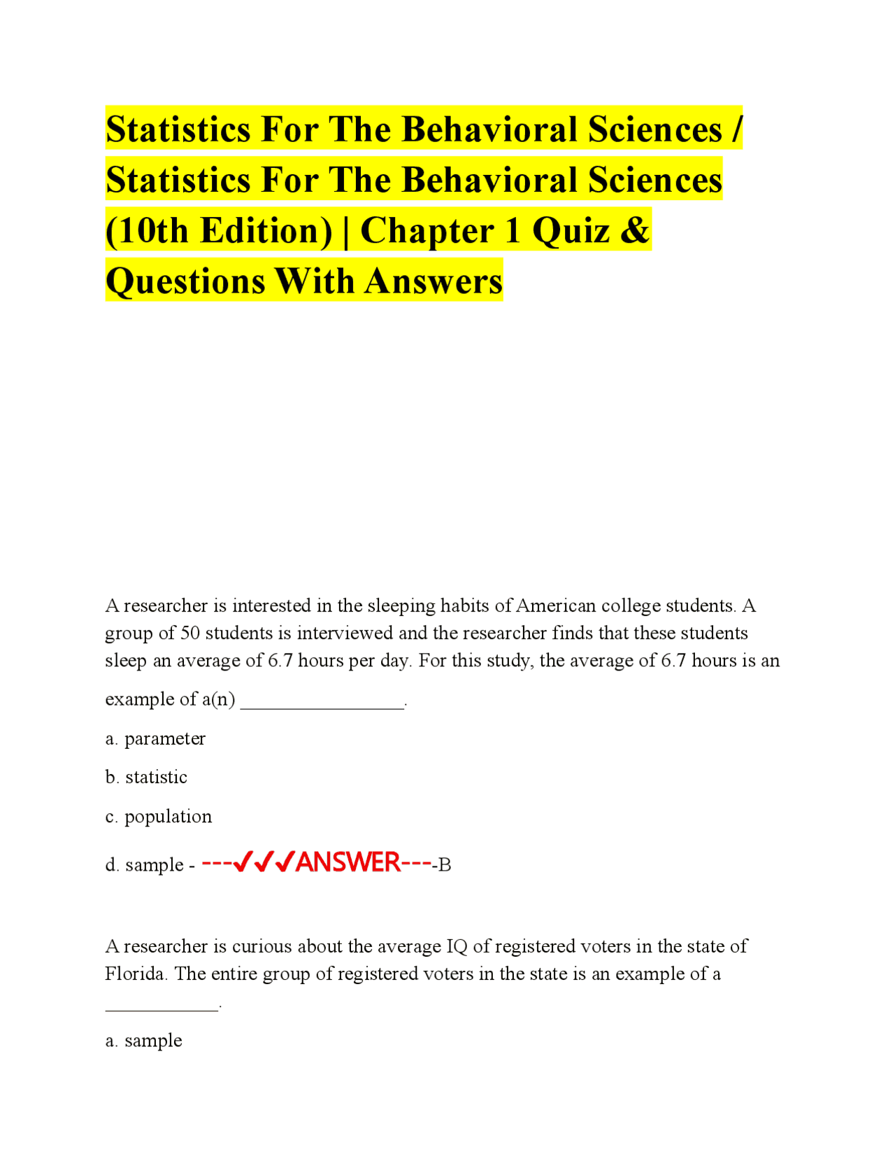 Statistics for Behavioral Sciences: Chapter 1 Quiz with Answers | Exams ...