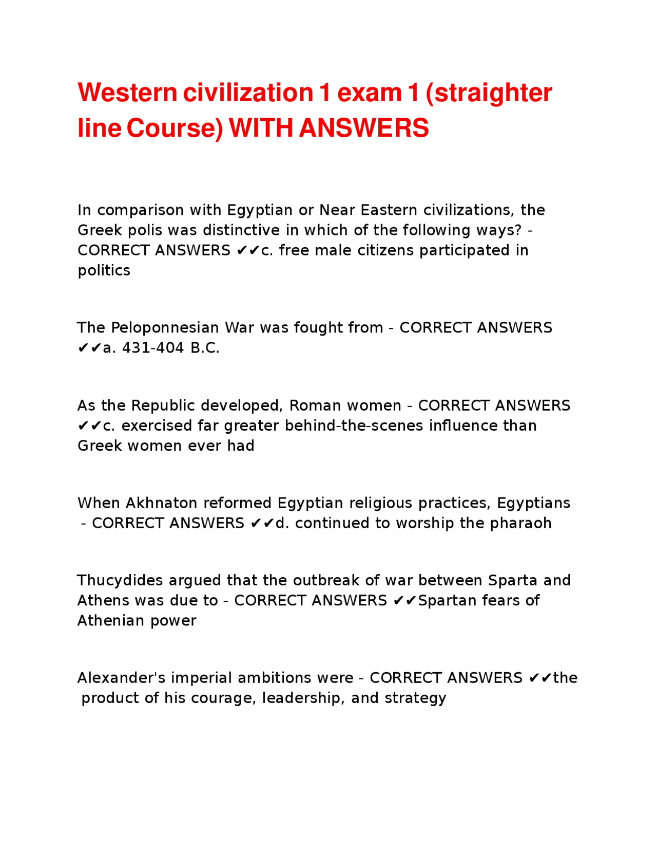 Western Civilization Exam with Answers | Exams History | Docsity