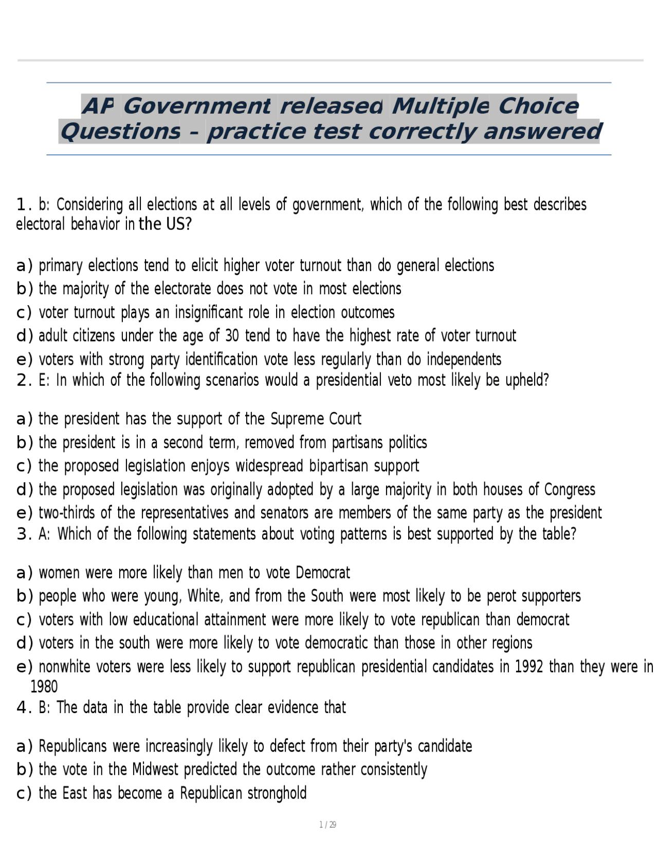 AP Government released Multiple Choice Questions – practice test ...