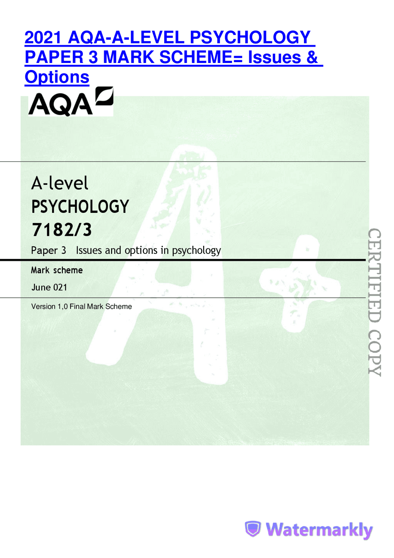 AQA A-Level Psychology Paper 3: Issues & Options - June 2021 Mark ...