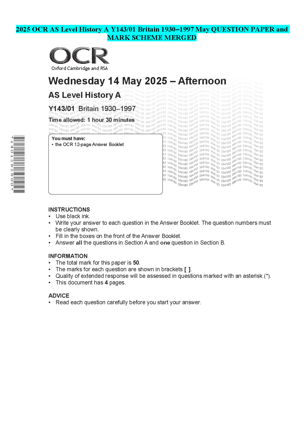 2025 OCR AS Level History A Y143/01 Britain 1930–1997 May QUESTION ...