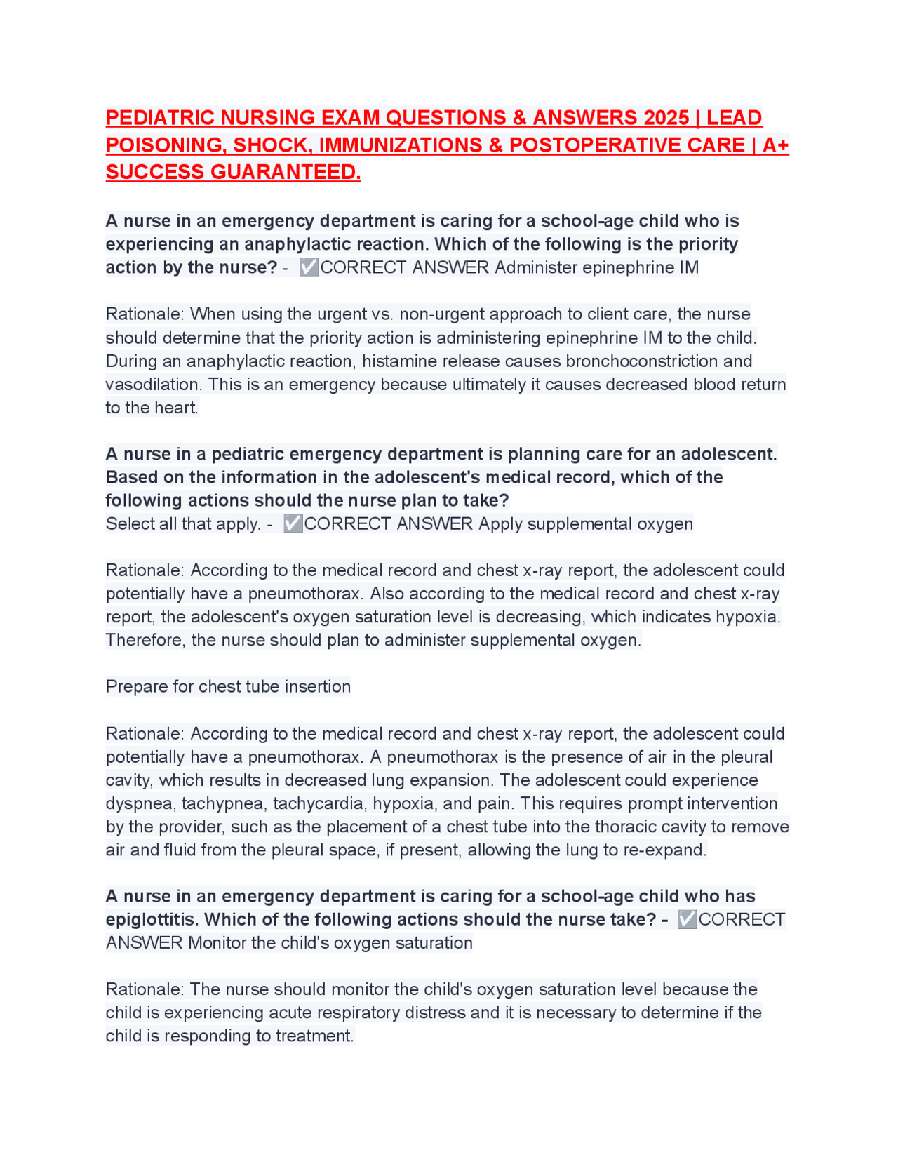 PEDIATRIC NURSING QUESTIONS & ANSWERS 2025 | A+ SUCCESS GUARANTEED ...
