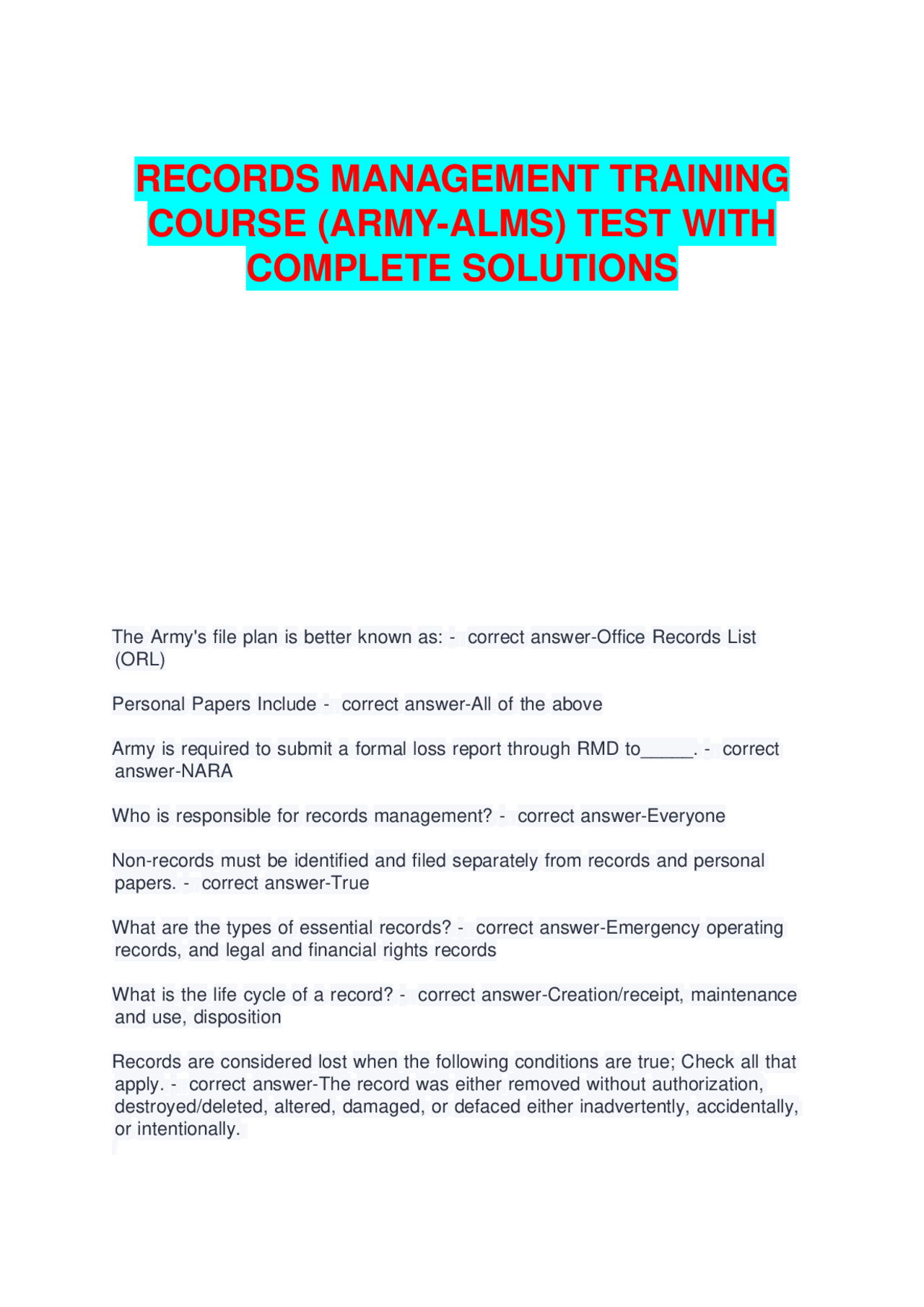 Army Records Management Training Course Test with Solutions | Exams ...