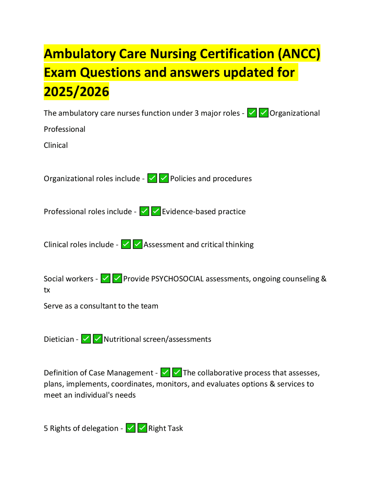 Ambulatory Care Nursing Certification (ANCC) Exam Questions and answers ...