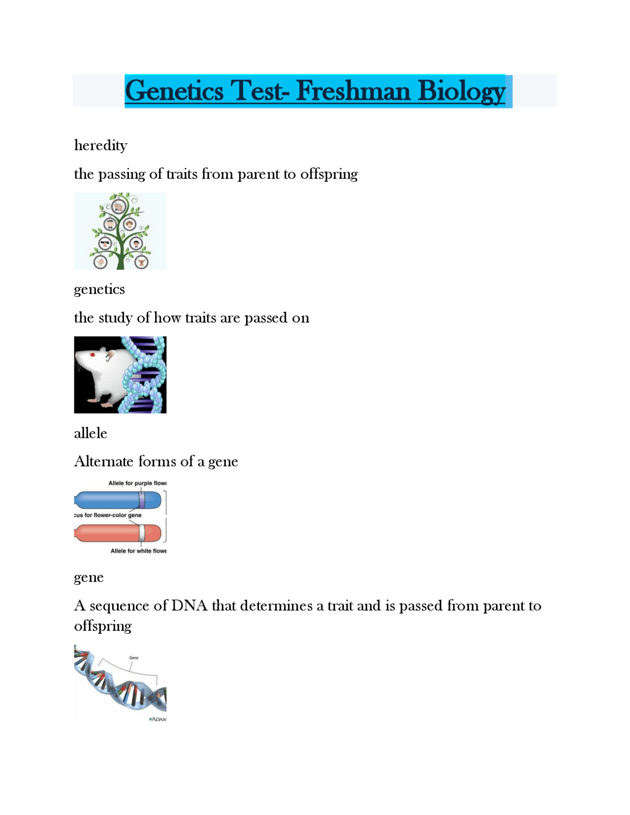 Genetics Test: Key Terms and Definitions for Freshman Biology | Exams ...