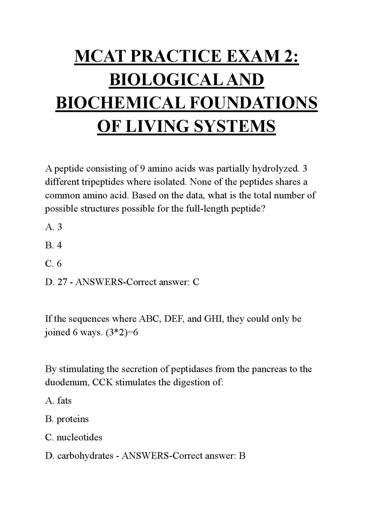 MCAT Practice Exam 2: Biological and Biochemical Foundations | Exams ...