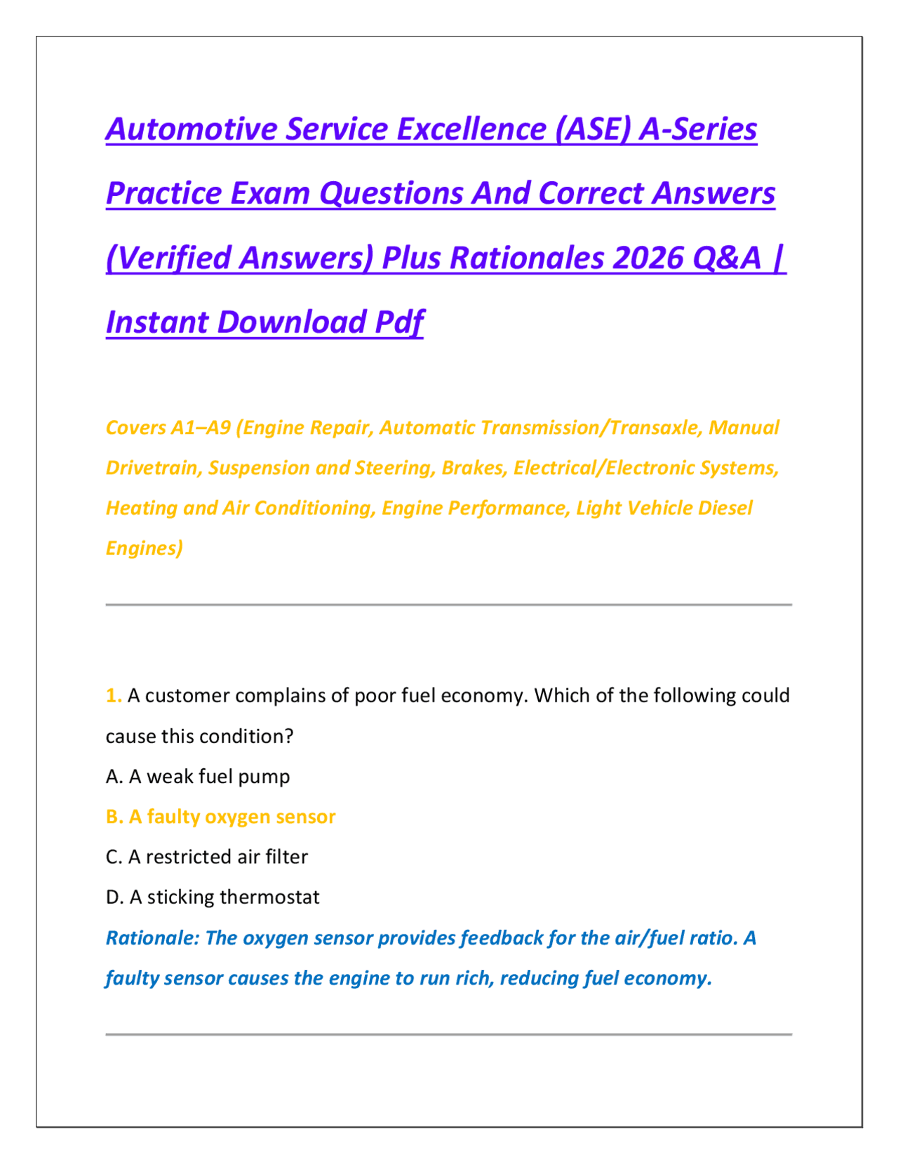 Automotive Service Excellence (ASE) A-Series Practice Exam Questions ...