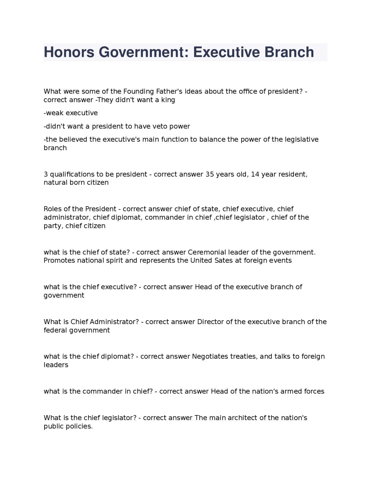 Executive Branch Q&A: Honors Government Study Guide | Exams Advanced ...