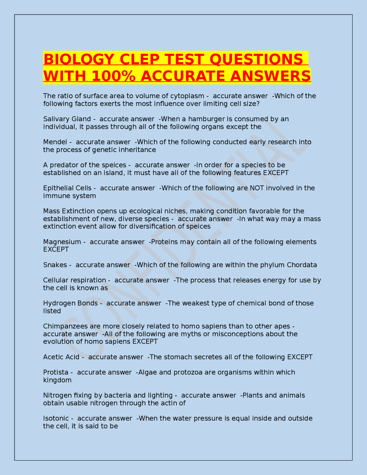 BIOLOGY CLEP TEST QUESTIONS WITH 100% ACCURATE ANSWERS | Exams Public ...