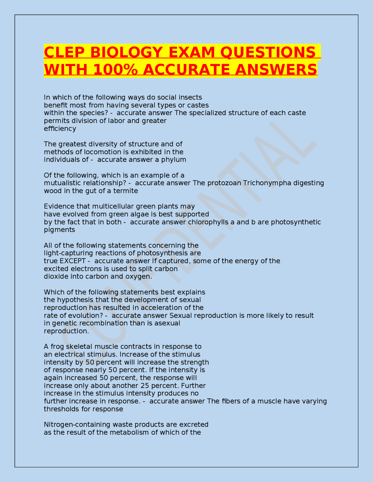 CLEP BIOLOGY EXAM QUESTIONS WITH 100% ACCURATE ANSWERS | Exams Public ...