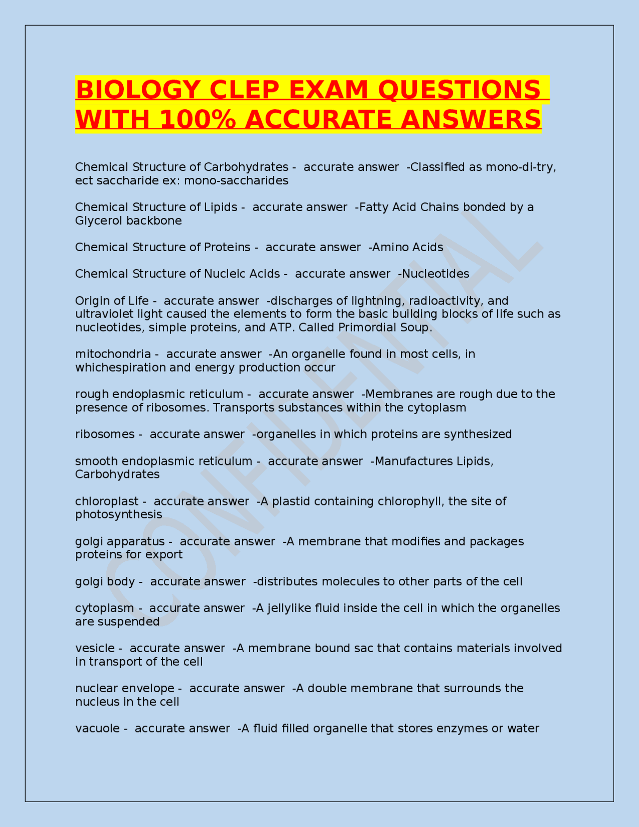 BIOLOGY CLEP EXAM QUESTIONS WITH 100% ACCURATE ANSWERS | Exams Public ...