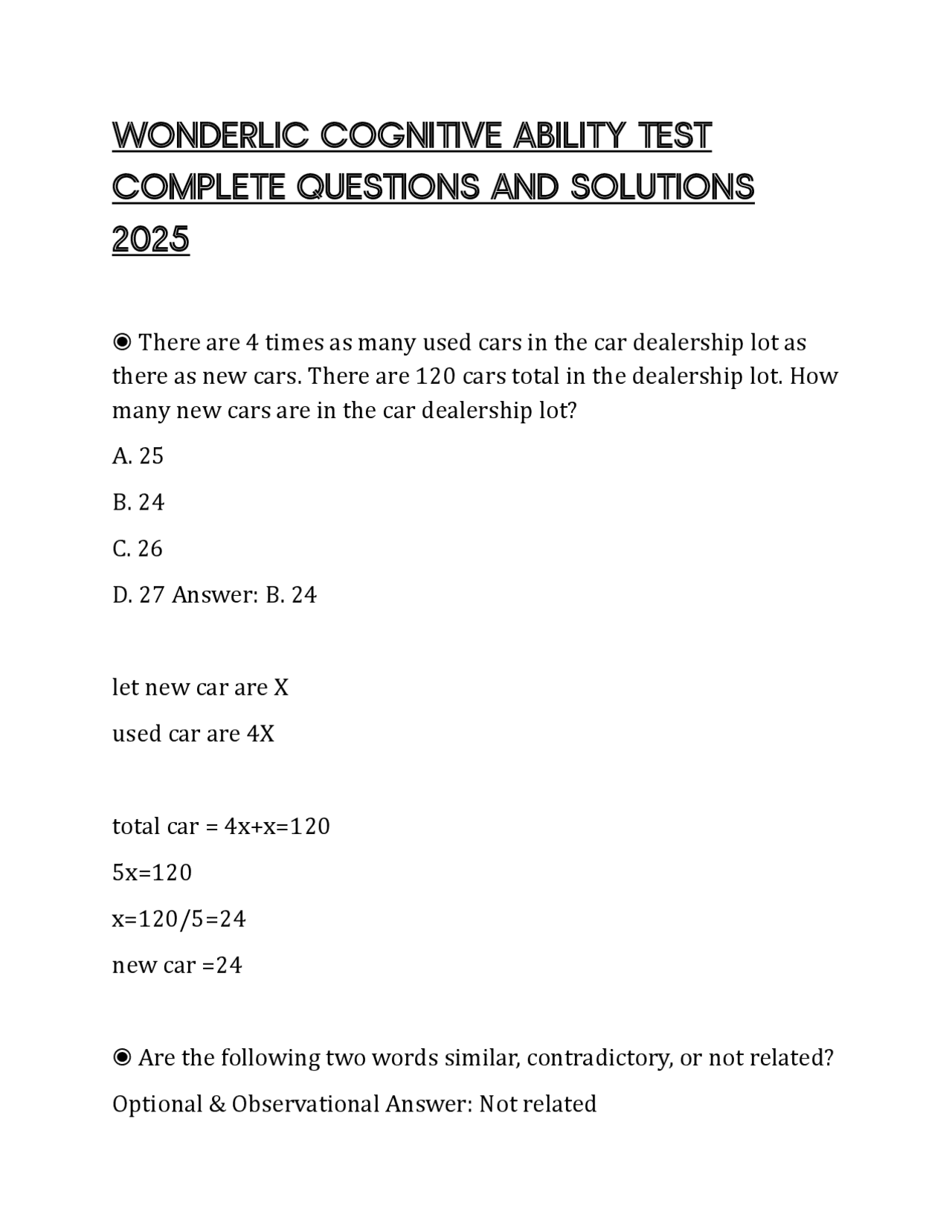 WONDERLIC COGNITIVE ABILITY TEST COMPLETE QUESTIONS AND SOLUTIONS 2025 ...